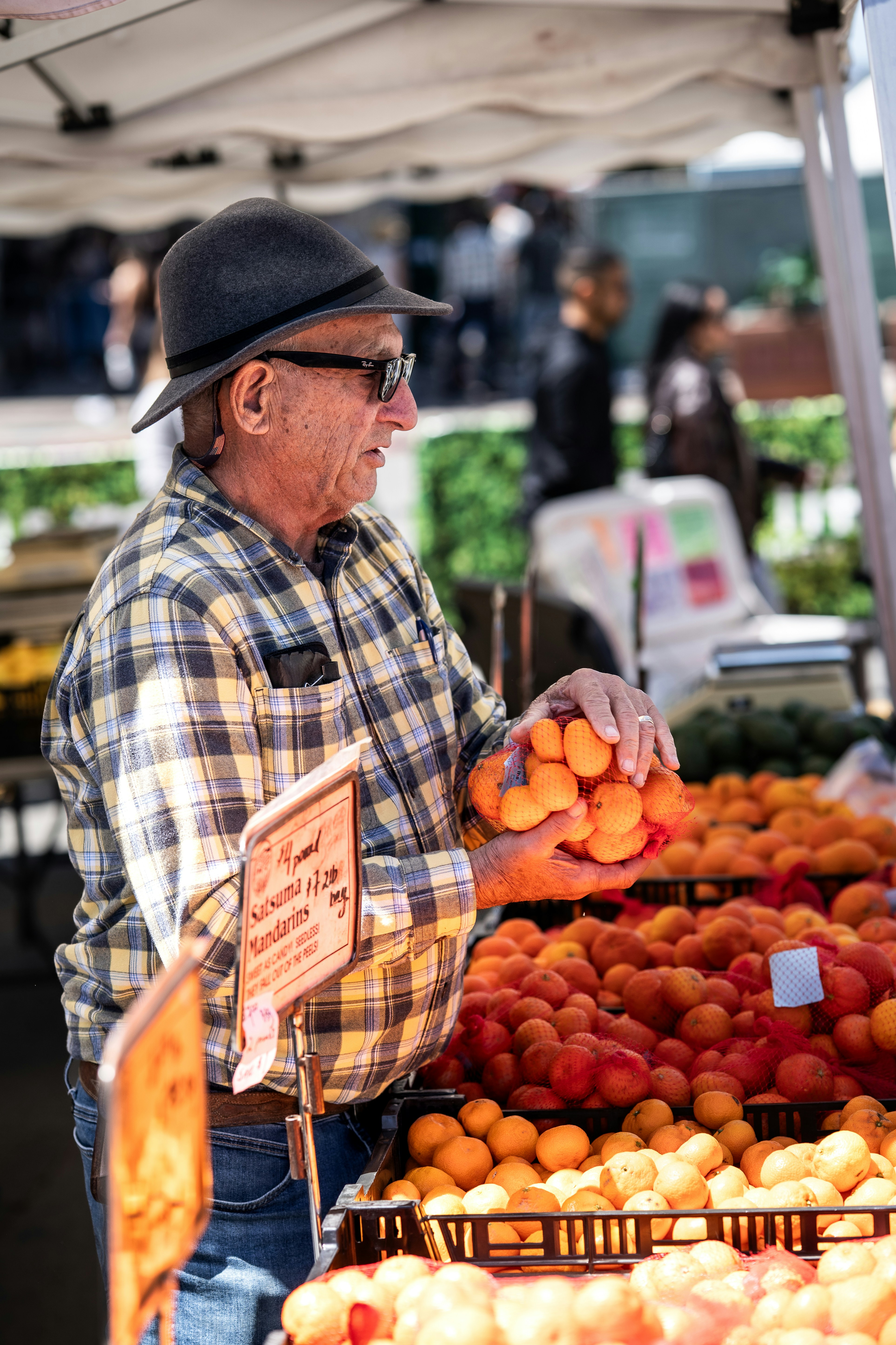 Sunlit Market Moment: A seasoned vendor sorts bright oranges under a bustling canopy