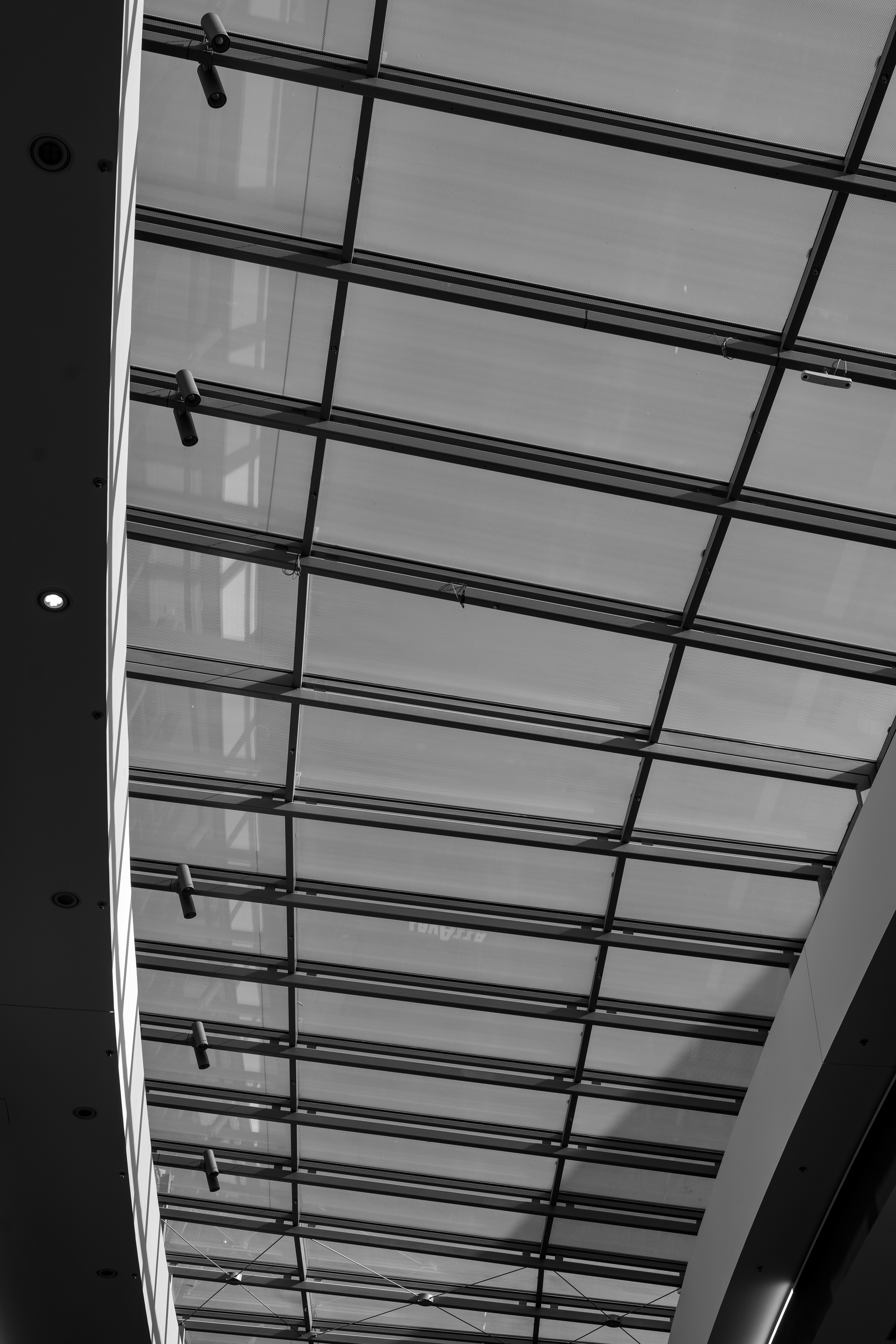 Monochrome view of a glass ceiling with intersecting beams creating a geometric pattern.