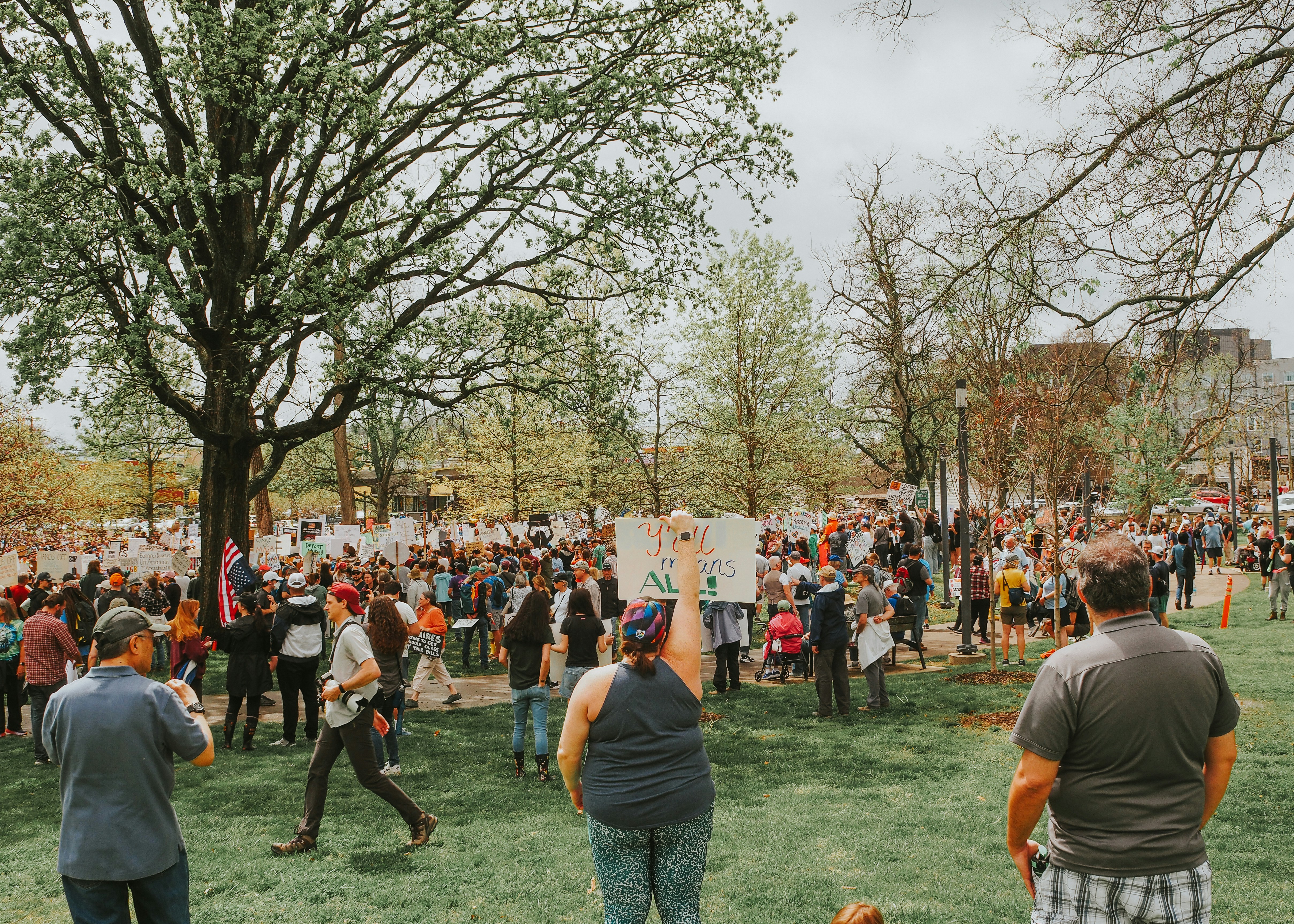 People protest in a park with signs and banners. photo – Free Woman ...