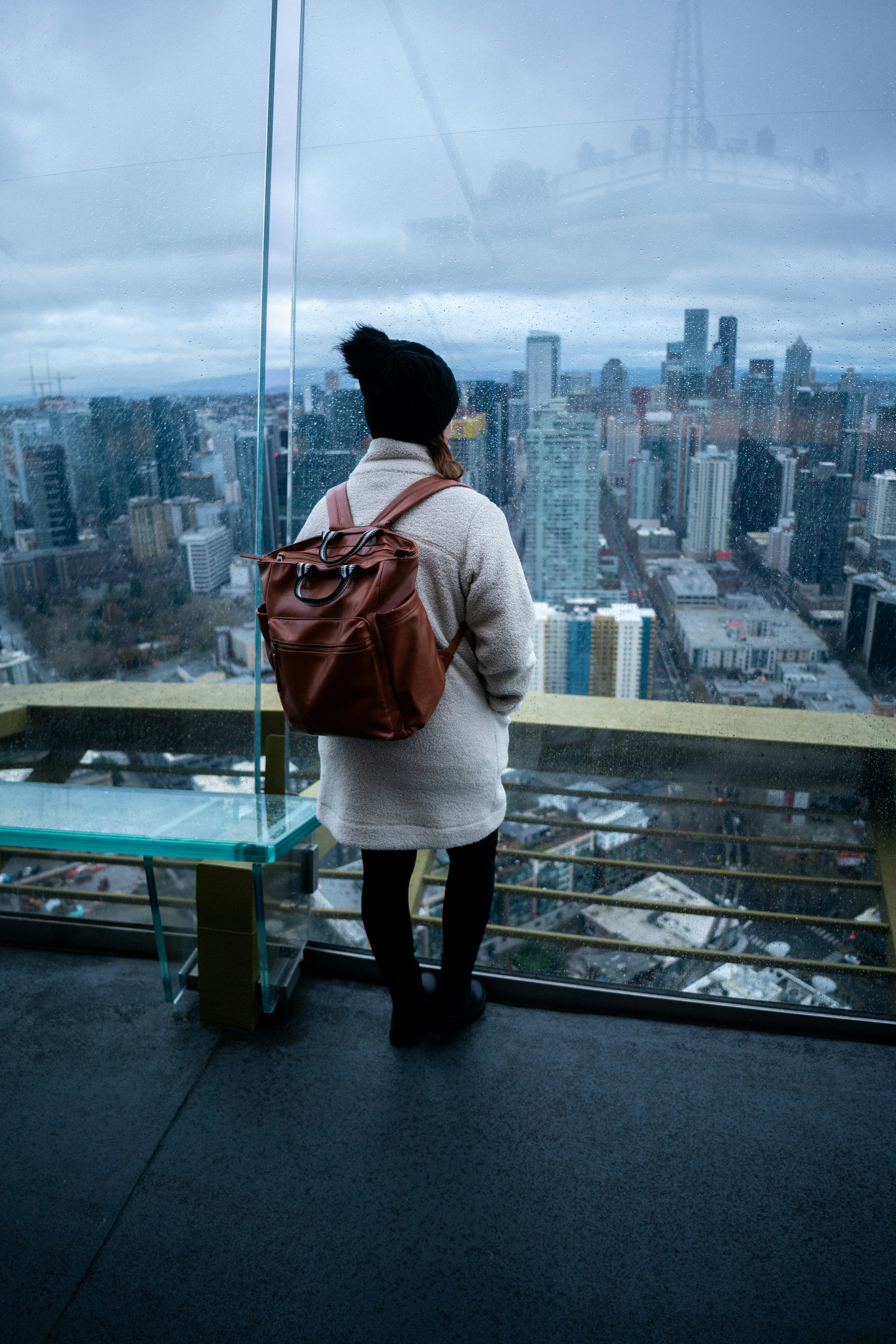 Person with a backpack gazing over a cityscape from a high vantage point on a cloudy day.