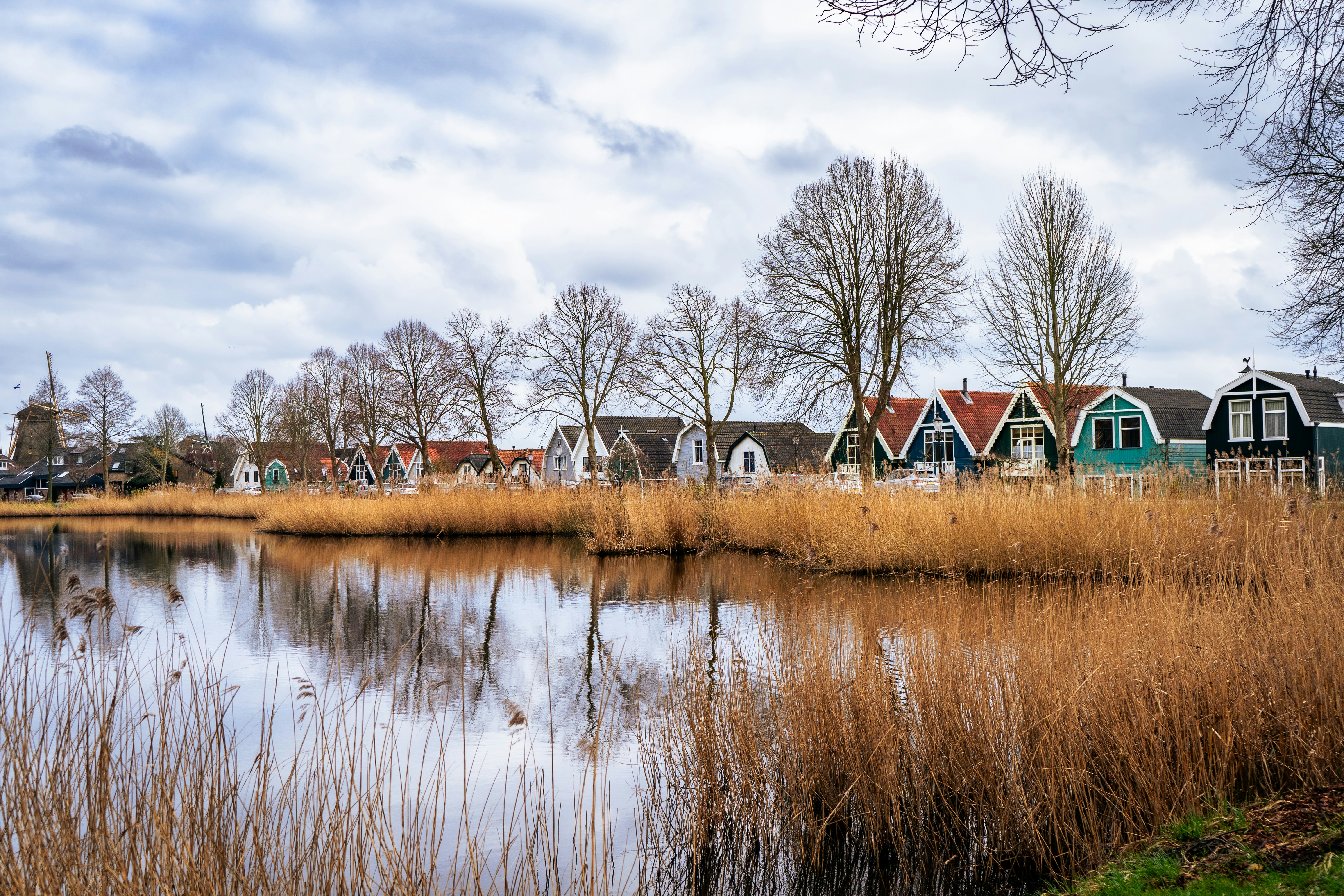Charming row of cottages reflected in a calm river, framed by bare trees and golden reeds under a cloudy sky.