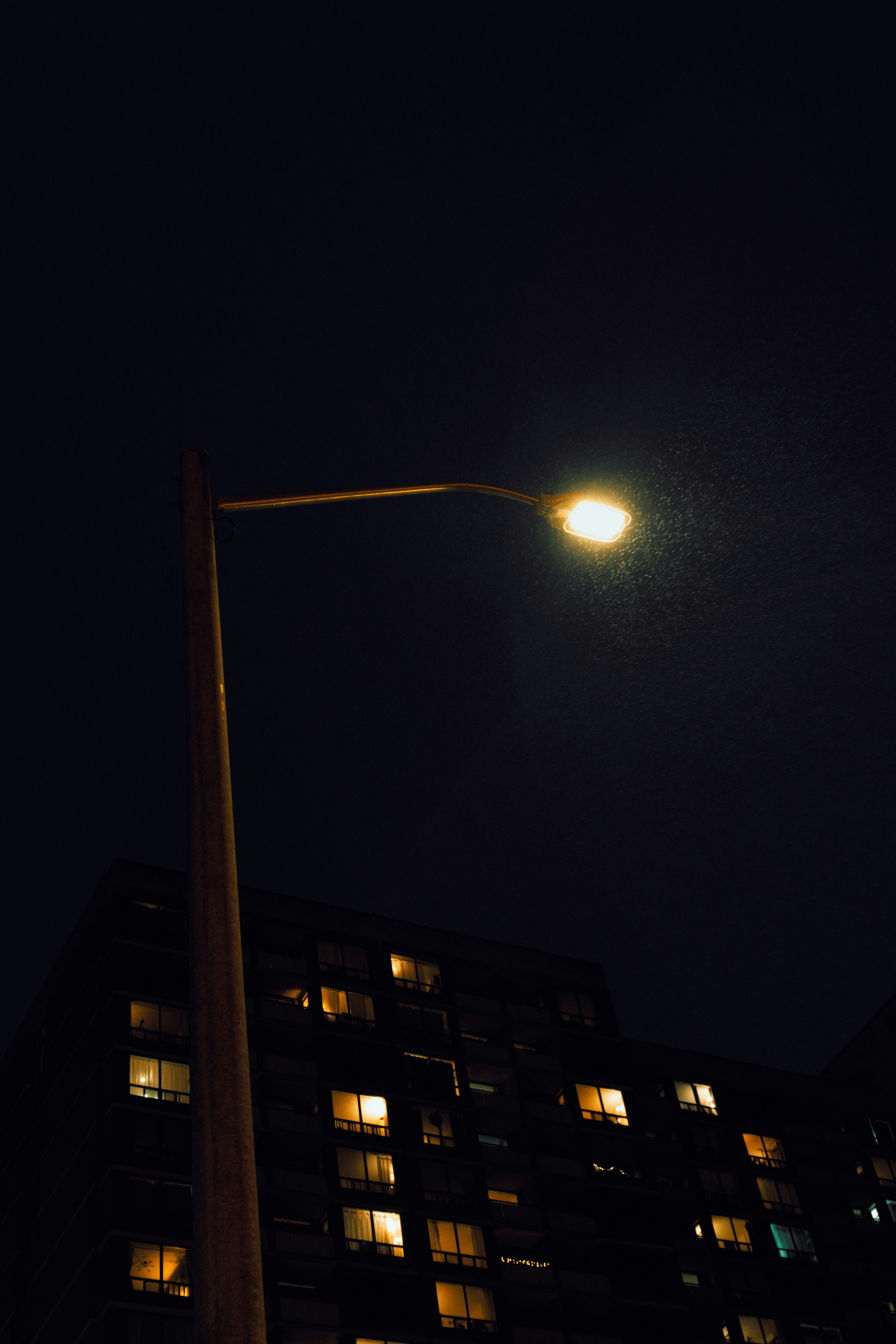 A streetlight illuminates a building at night.