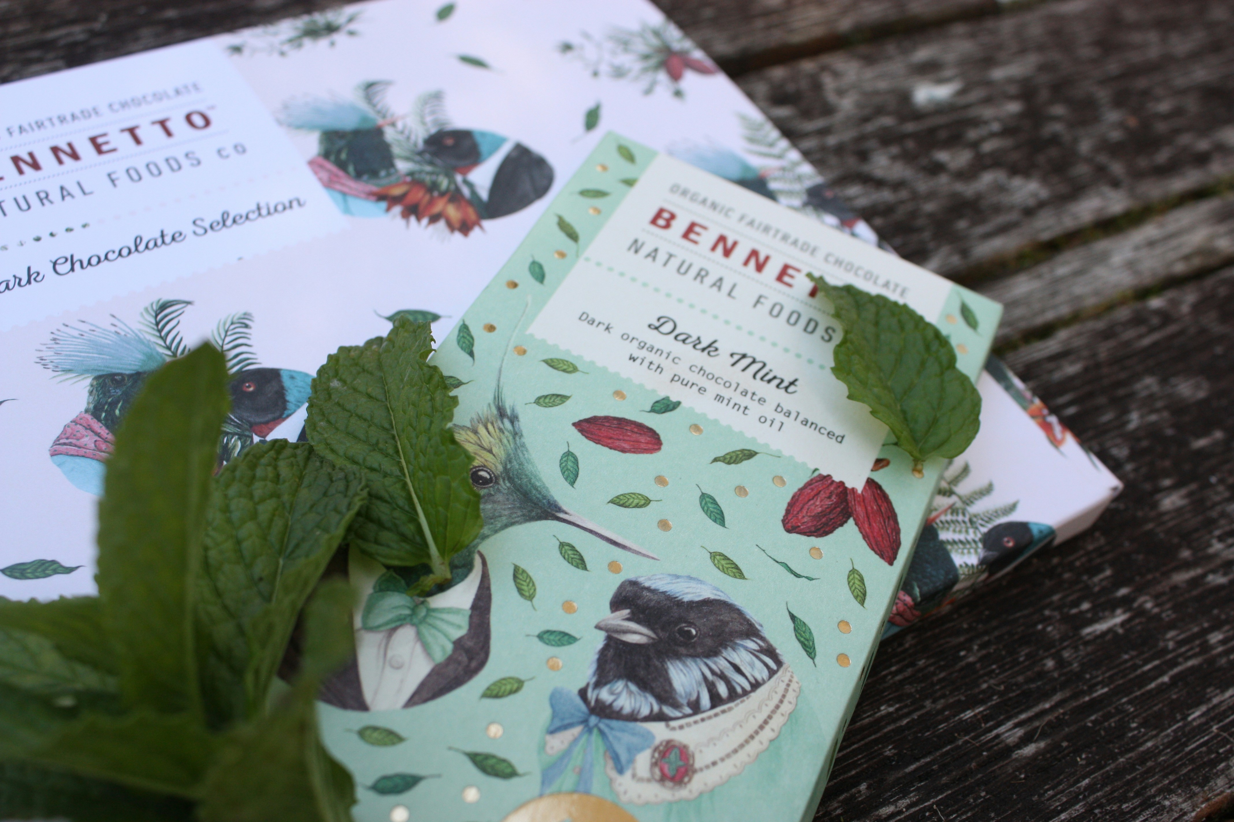 Chocolate bars and fresh mint leaves.