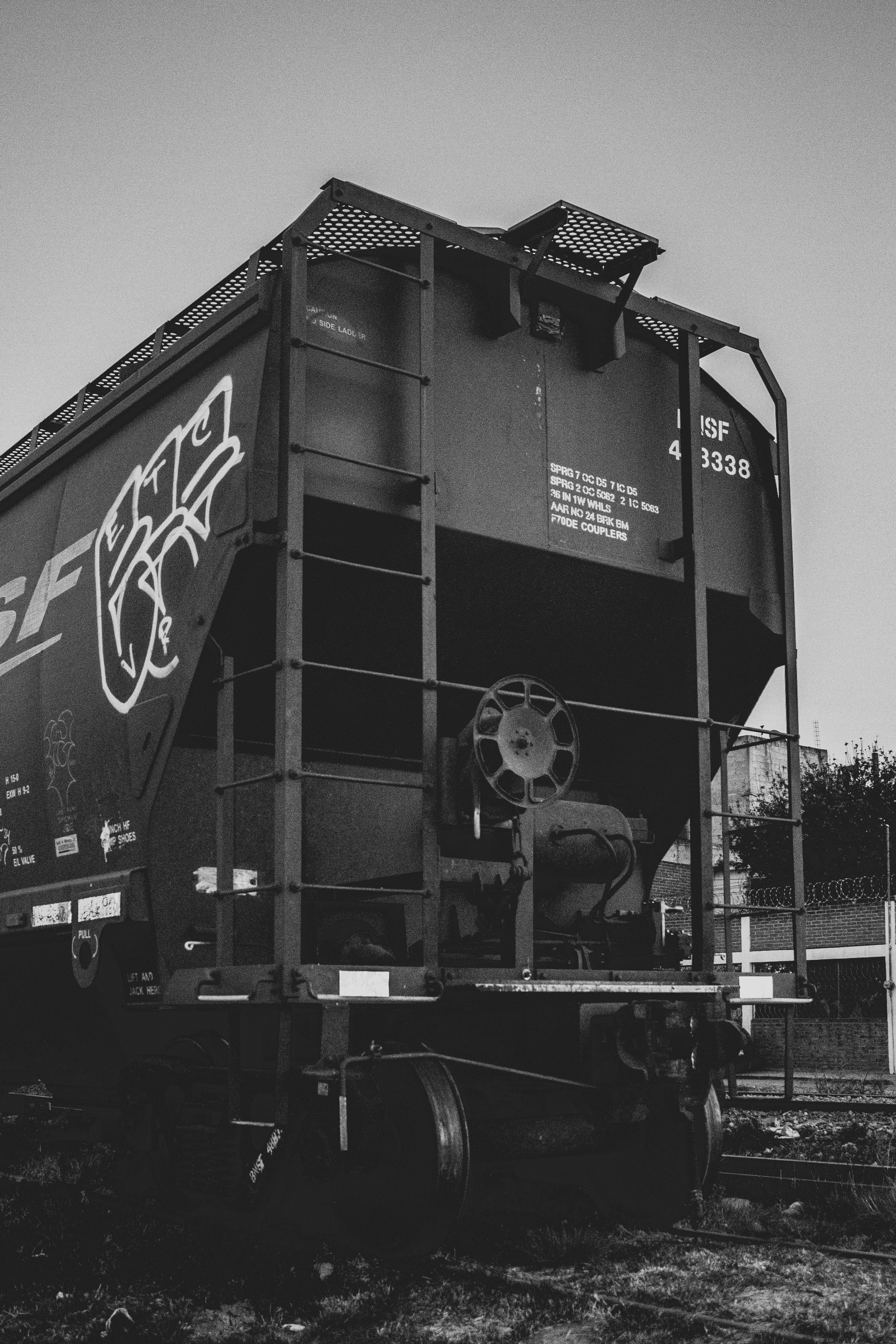 Graffiti-Laced Freight Car in a Quiet Monochrome Yard