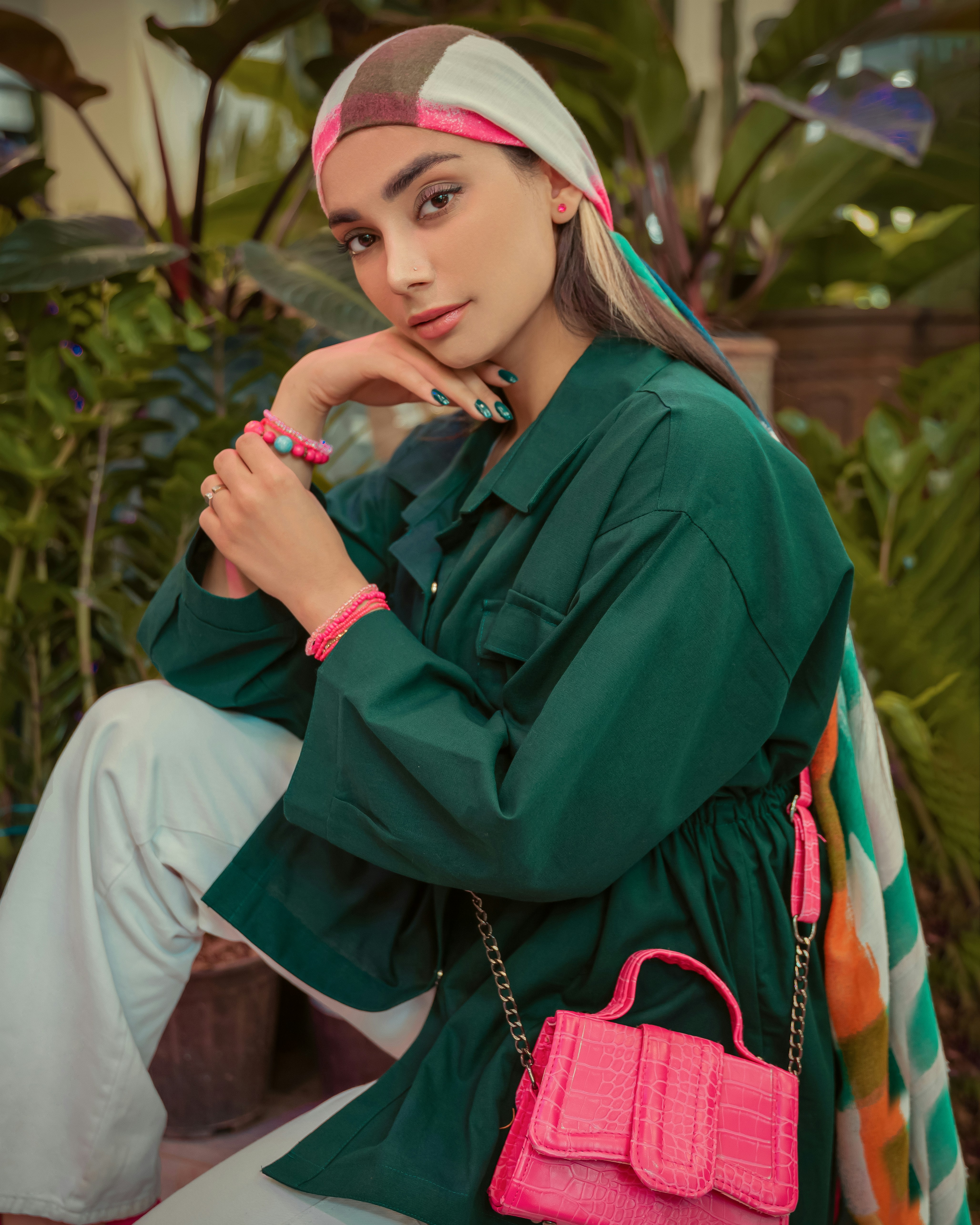 Verdant Quiet: A Portrait of Style Amid Tropical Foliage