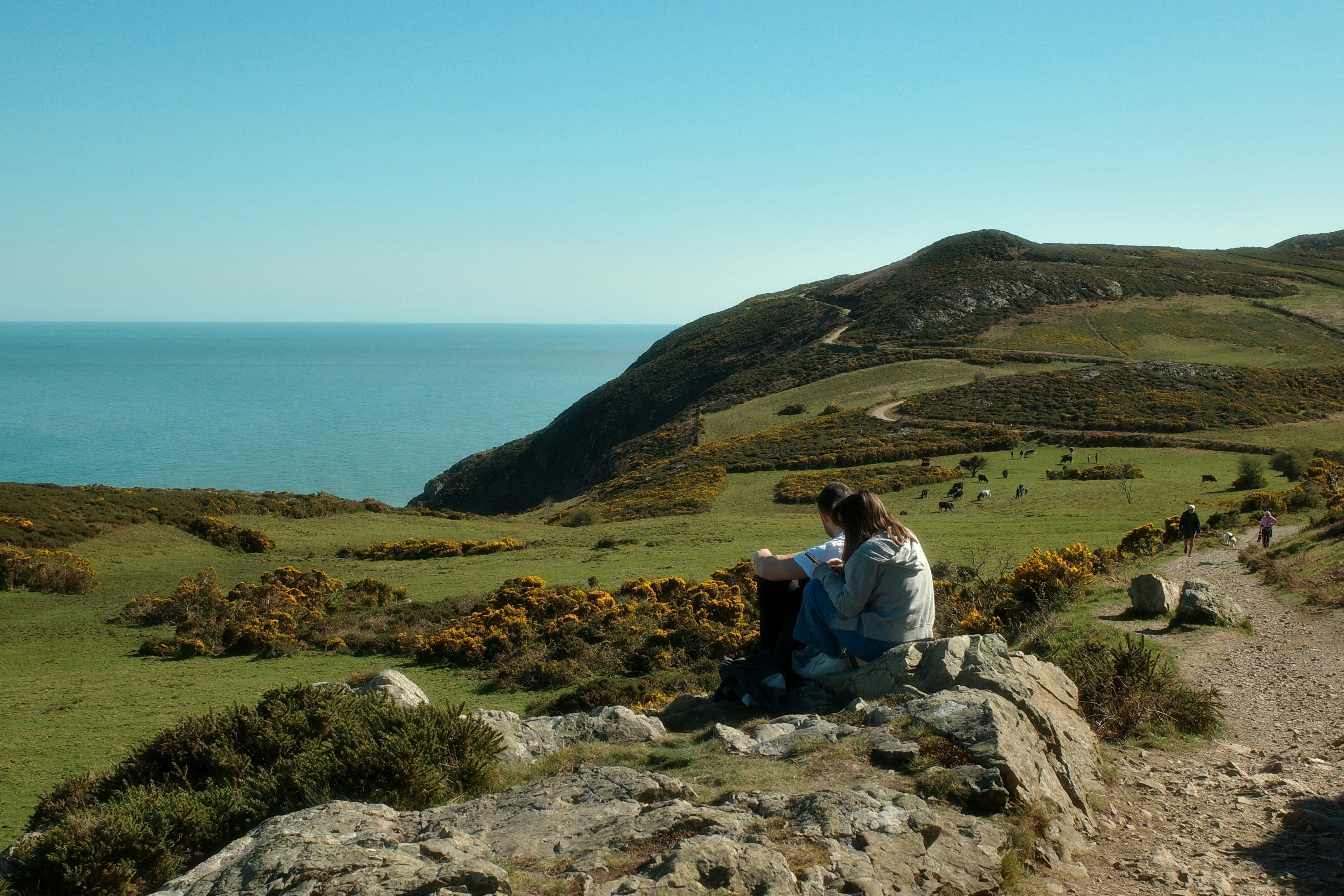Person sitting on a rocky outcrop overlooking a vast coastal landscape under a clear blue sky.