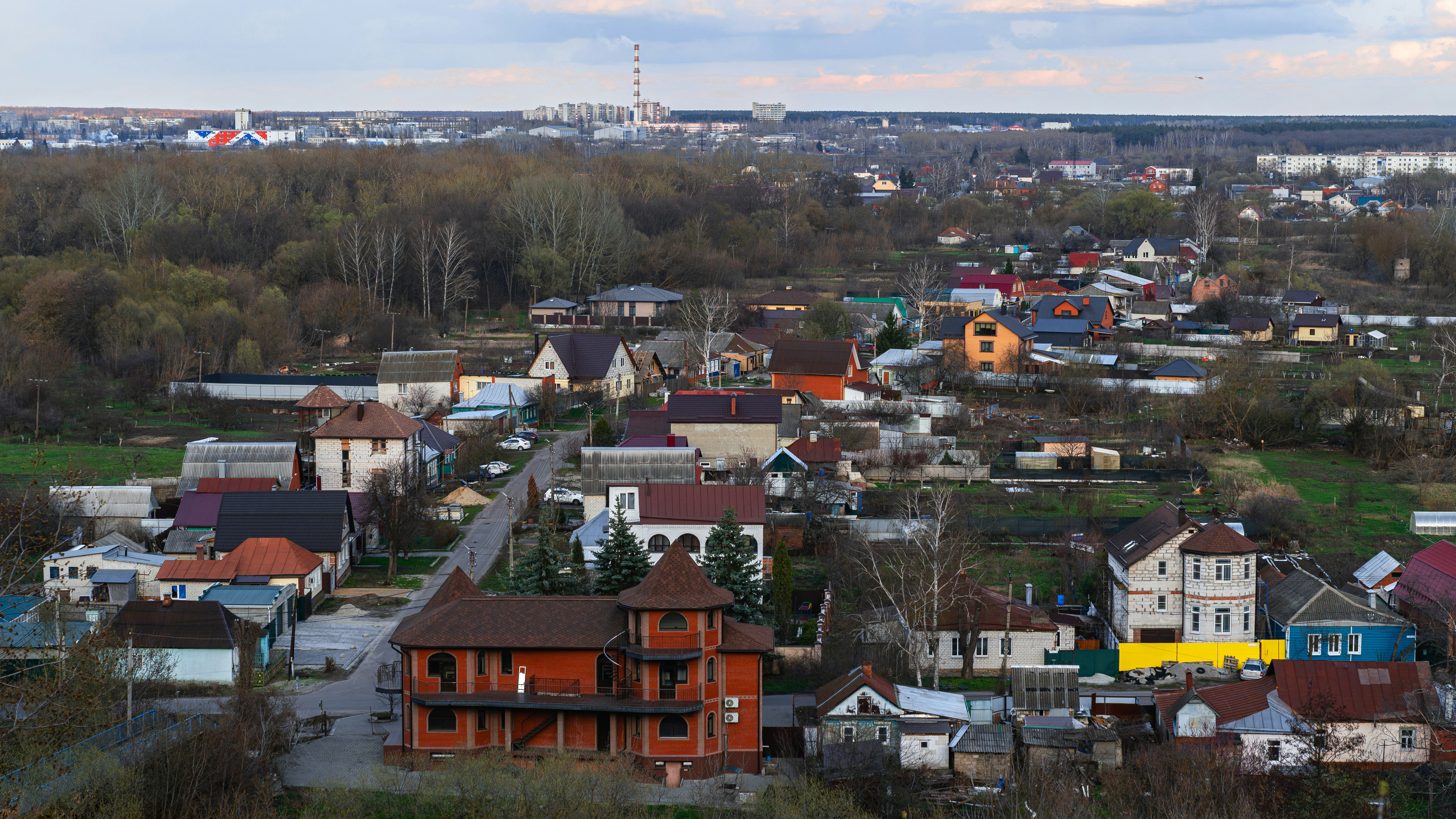 A high-angle view of a residential area.
