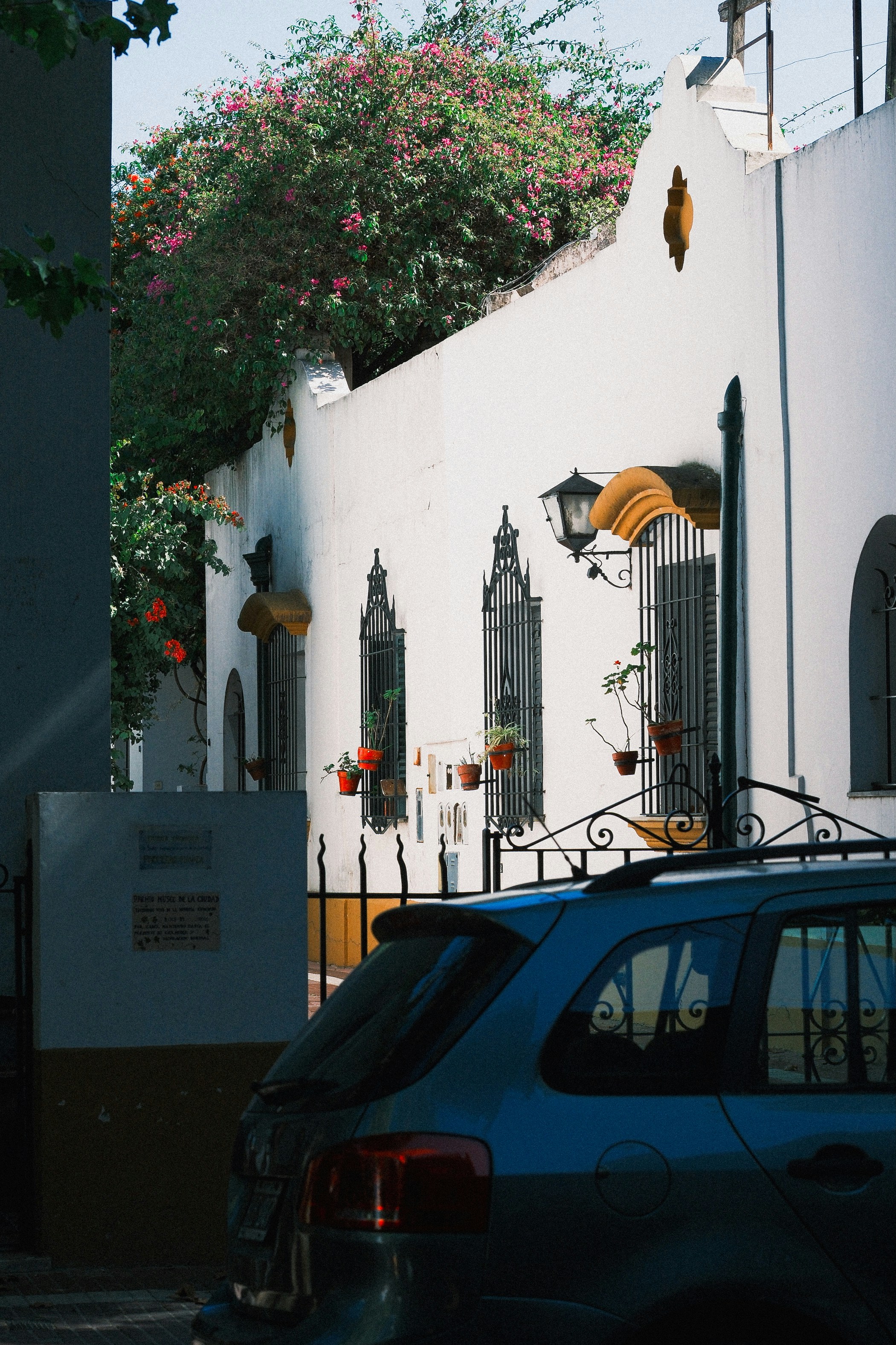White-walled courtyard with blooming flowers and vintage lanterns under a clear blue sky.
