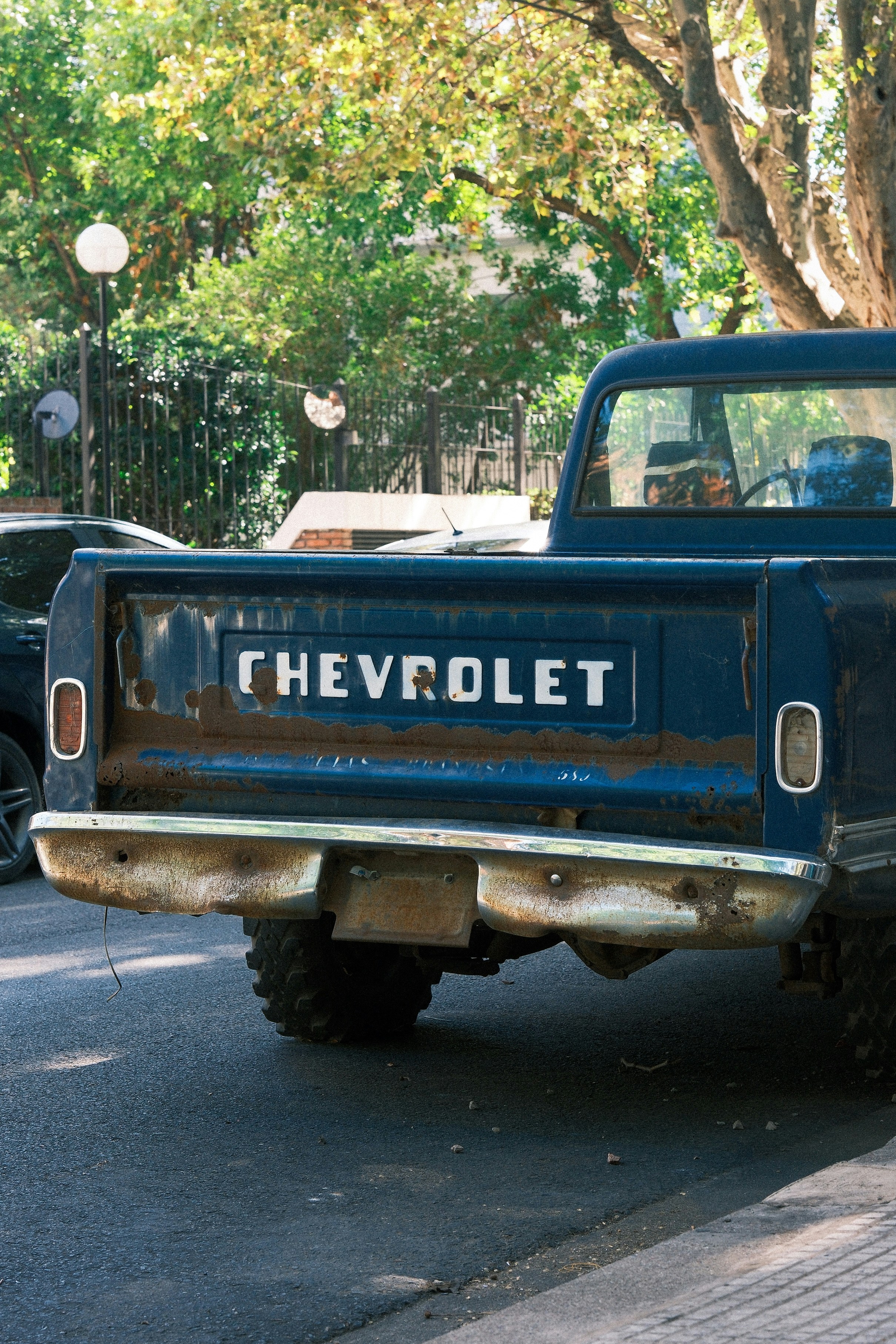 Rear-View Portrait: Weathered Blue Chevrolet on a Sunlit Street