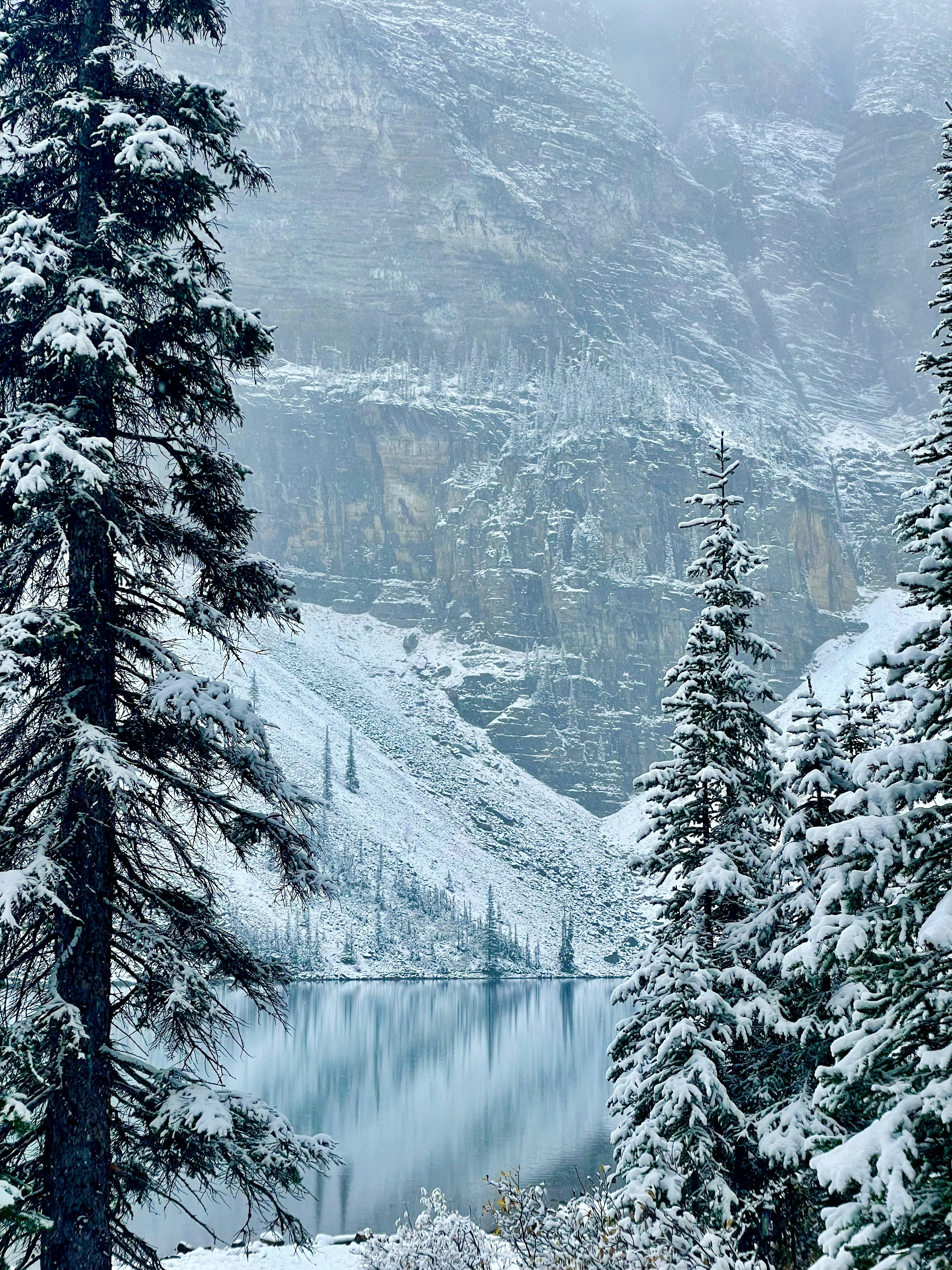 Snow-covered trees frame a tranquil, frozen lake set against rocky cliffs under a misty sky.