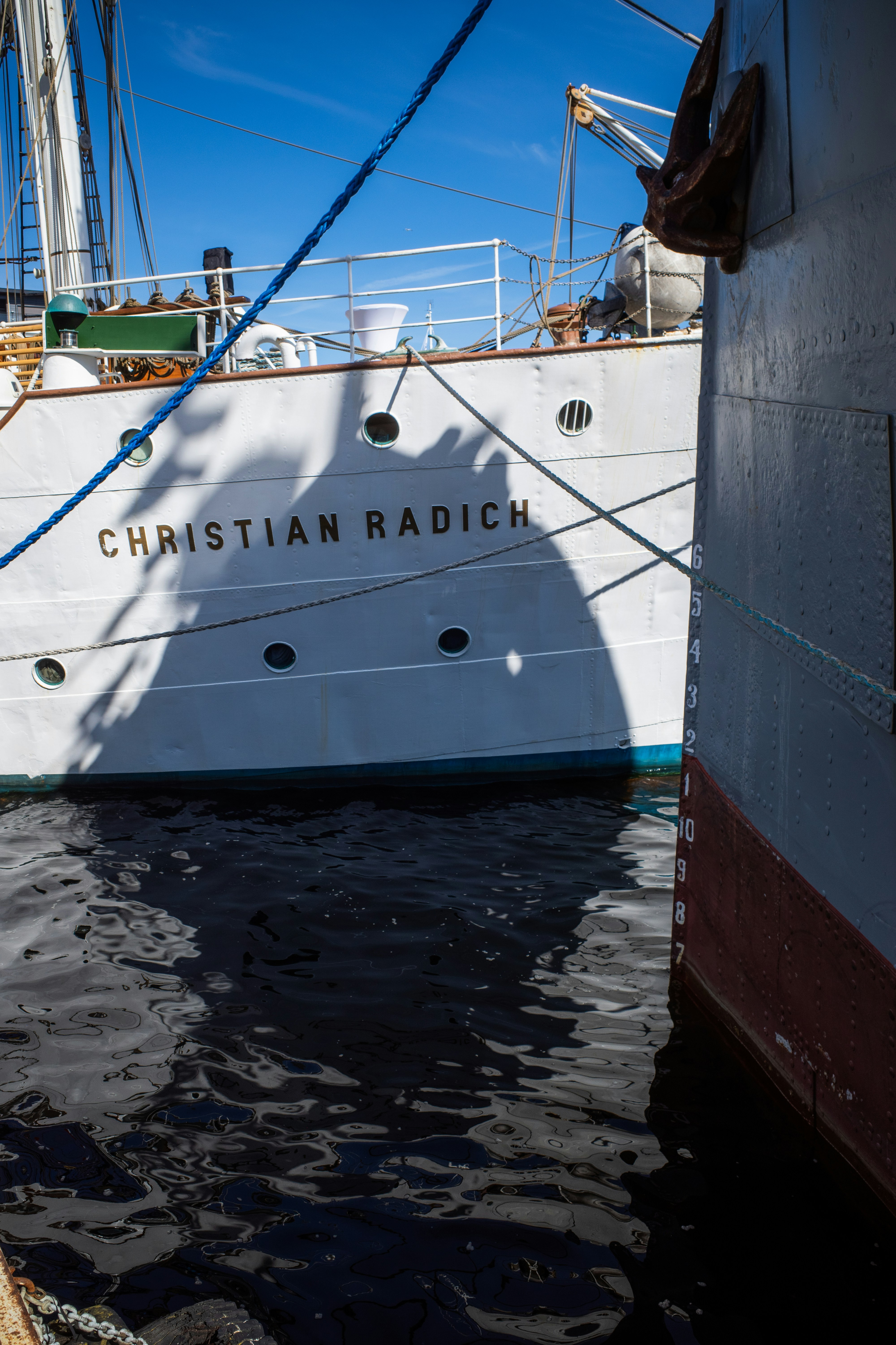 Name on the Hull: Christian Radich Anchored under a Crisp Blue Sky