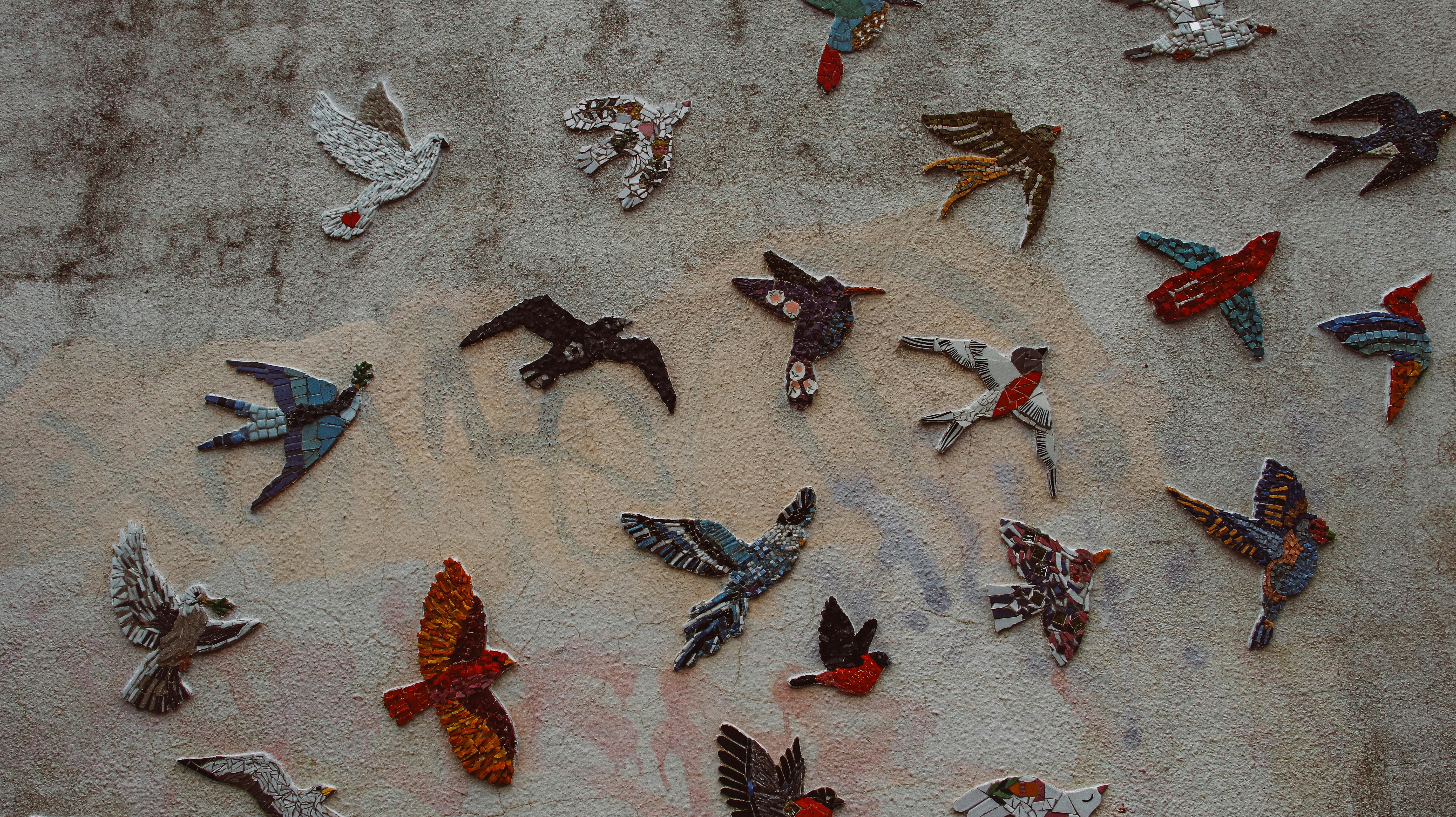 Colorful Bird Cutouts on a Weathered Wall: A Quiet Flock