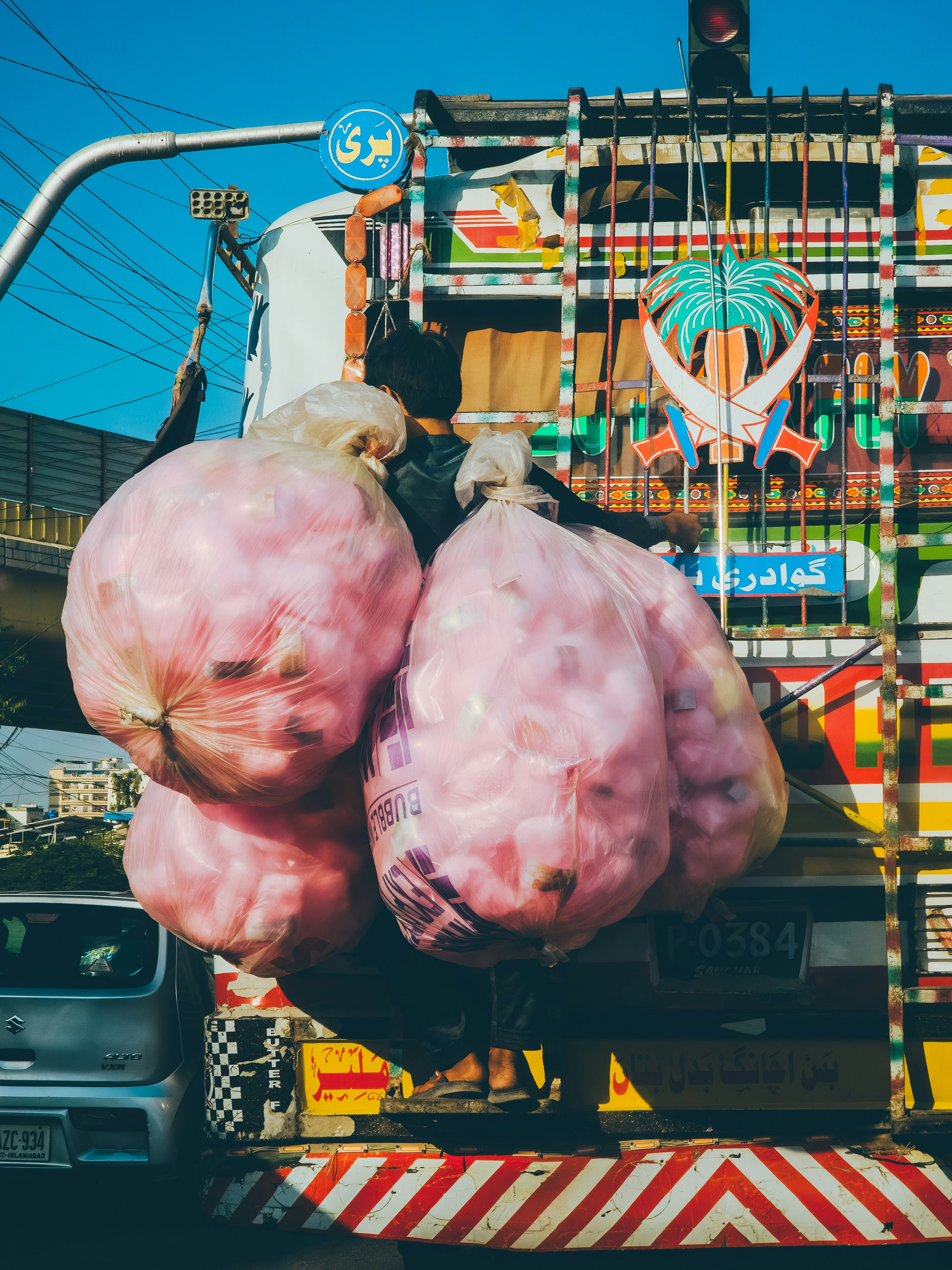 Two oversized pink plastic bags of fruit dominate the foreground in a photograph, while a vividly painted parade truck fills the background.