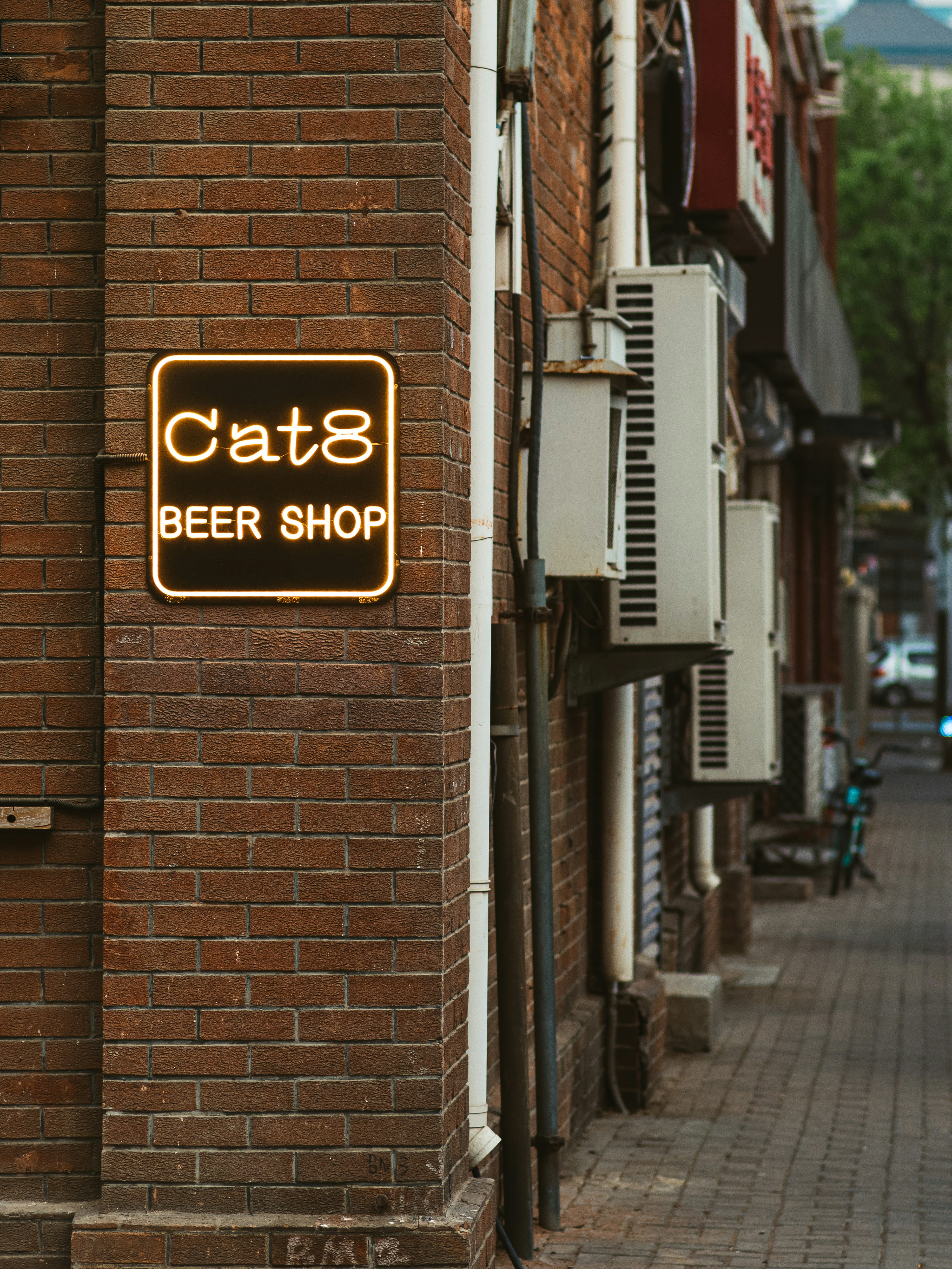 A beer shop called cat8 on a brick building.