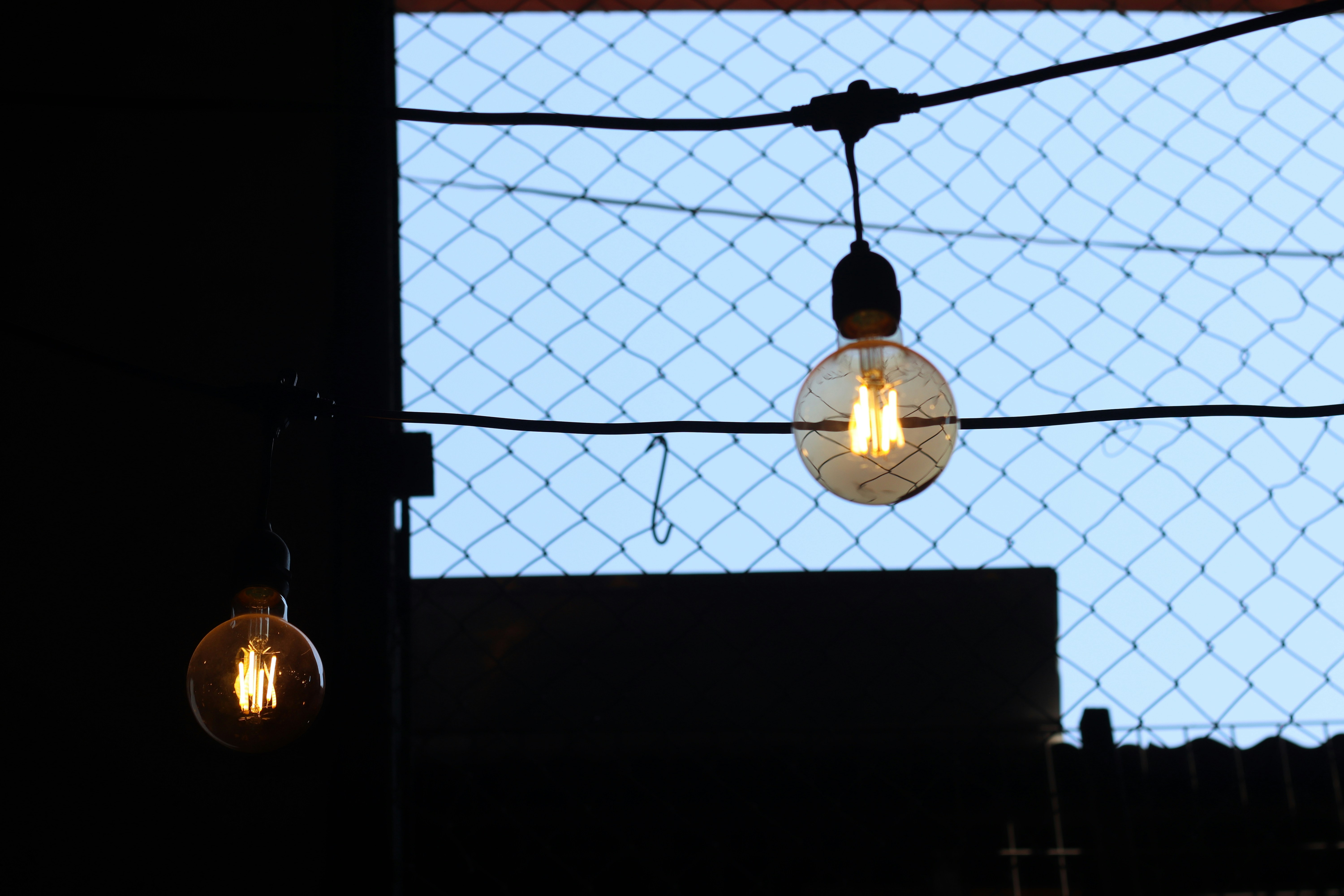 Lone Bulb, Wire Mesh Dusk: An Industrial Glow