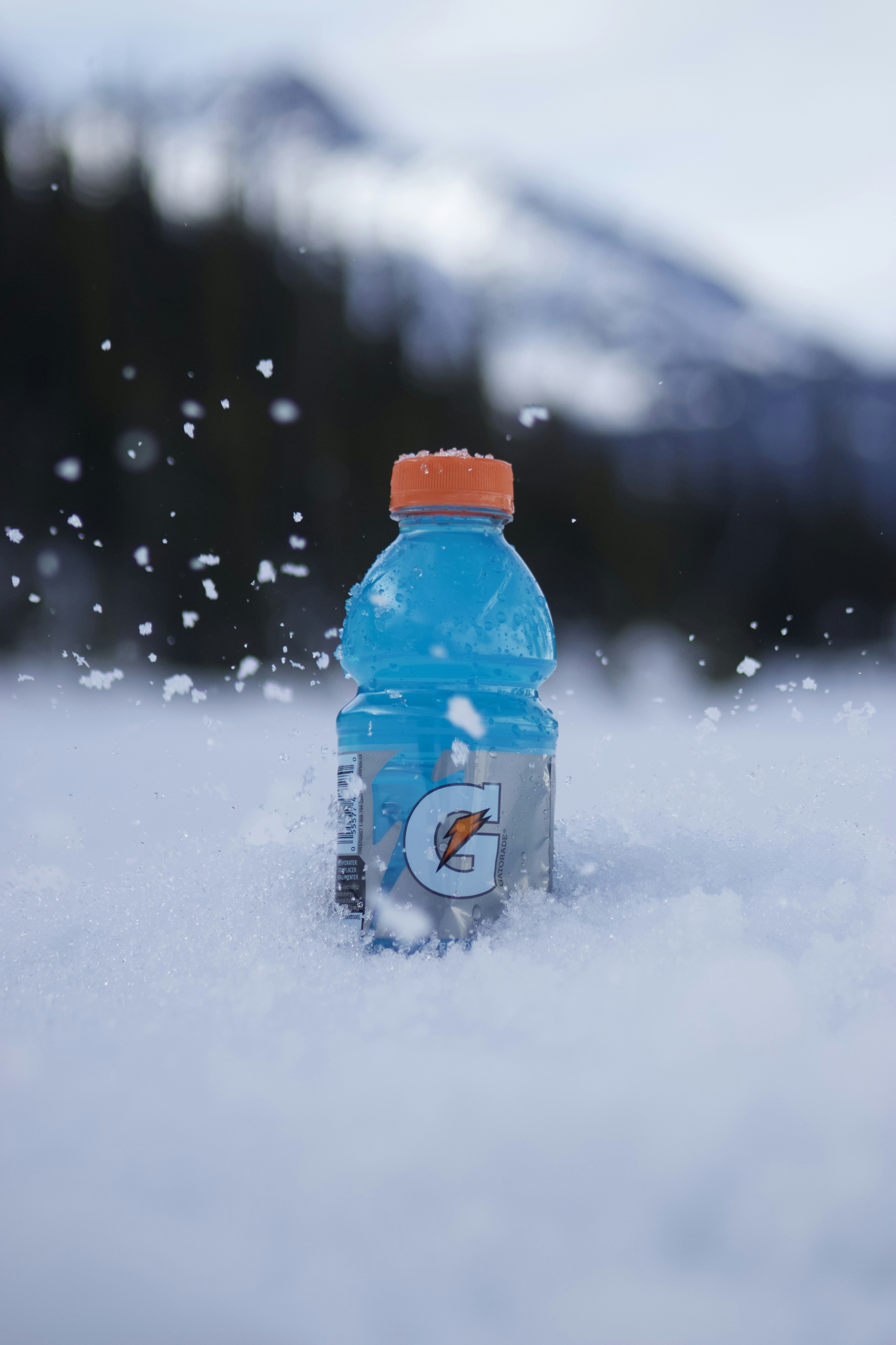 Gatorade bottle sits in the snowy mountains. photo – Free Wallpaper ...