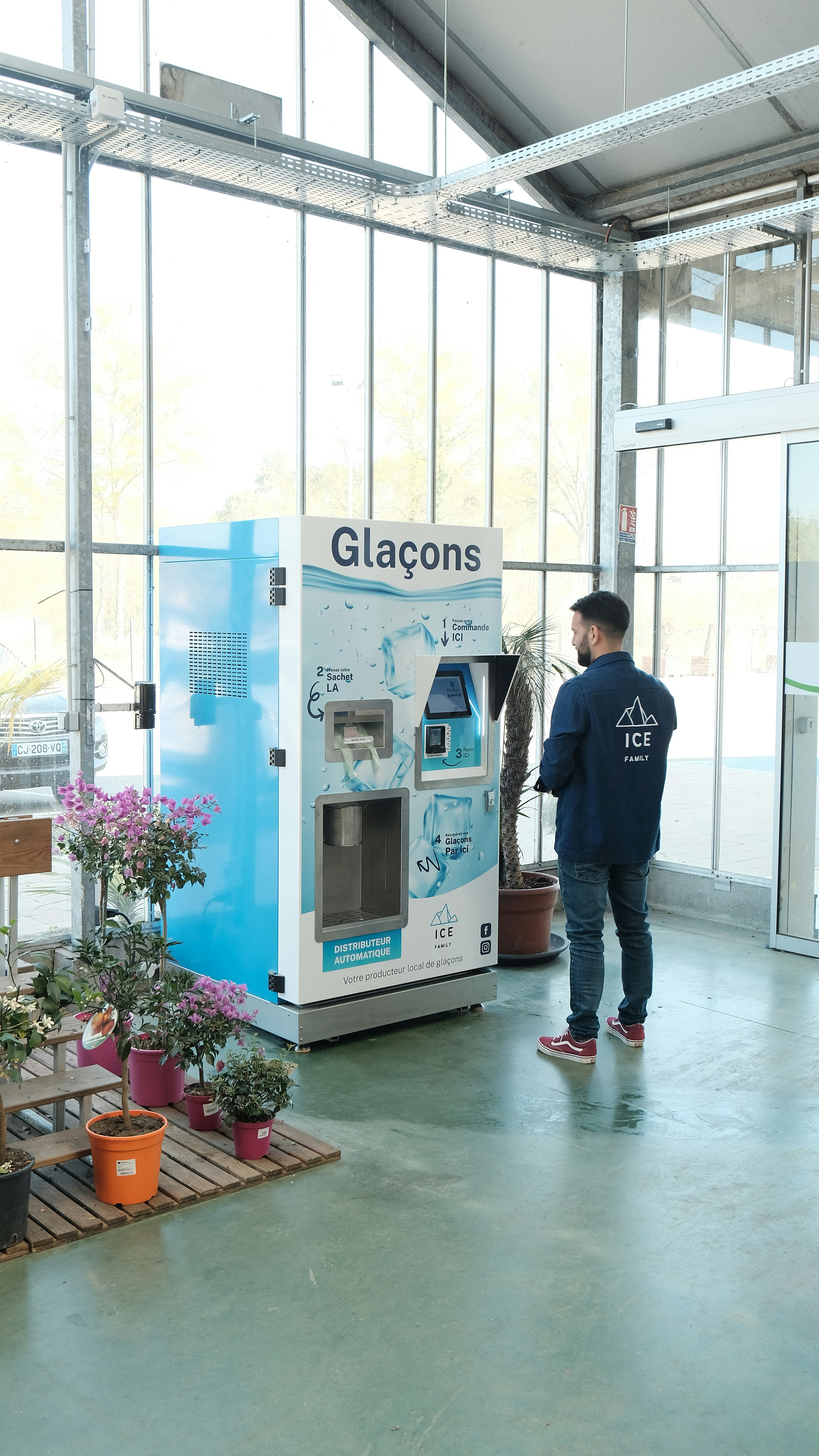 Glacons at the Glass Atrium: Ice Vending Machine Bathed in Daylight