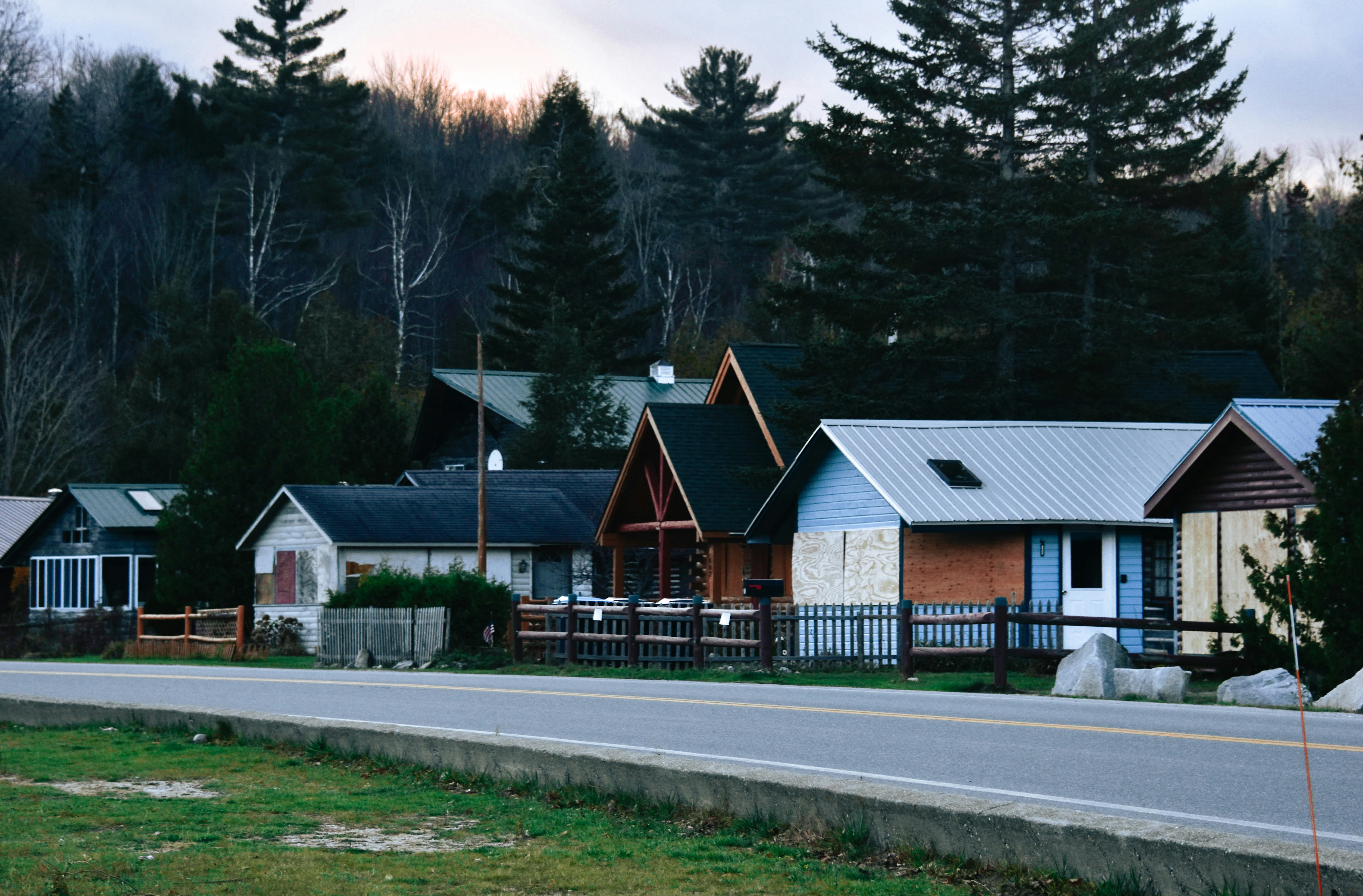 A row of quaint houses nestled beside a serene road and dense forest under a soft evening sky.