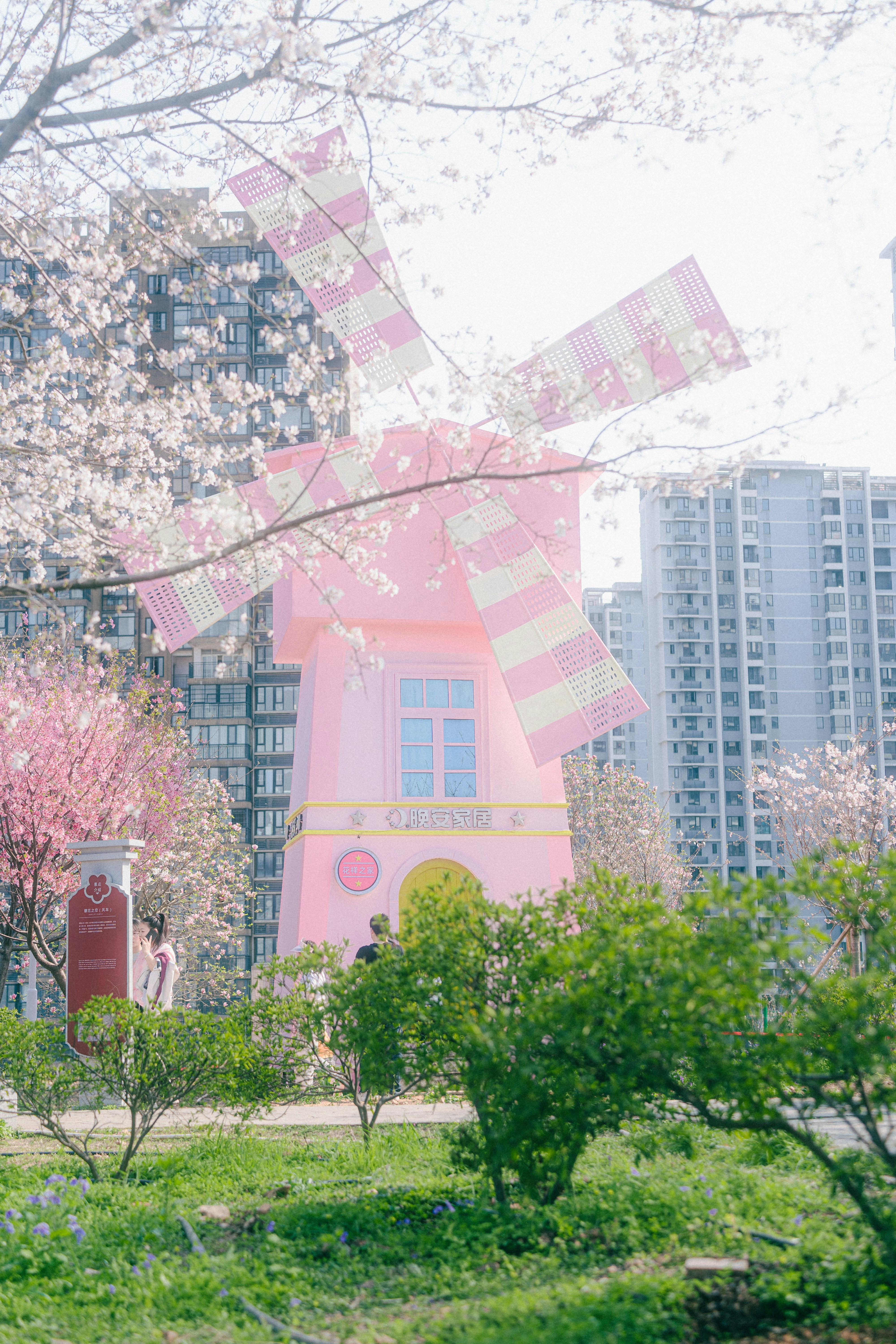 Pastel Windmill in a Cherry-Blossom Park Between Skyscrapers