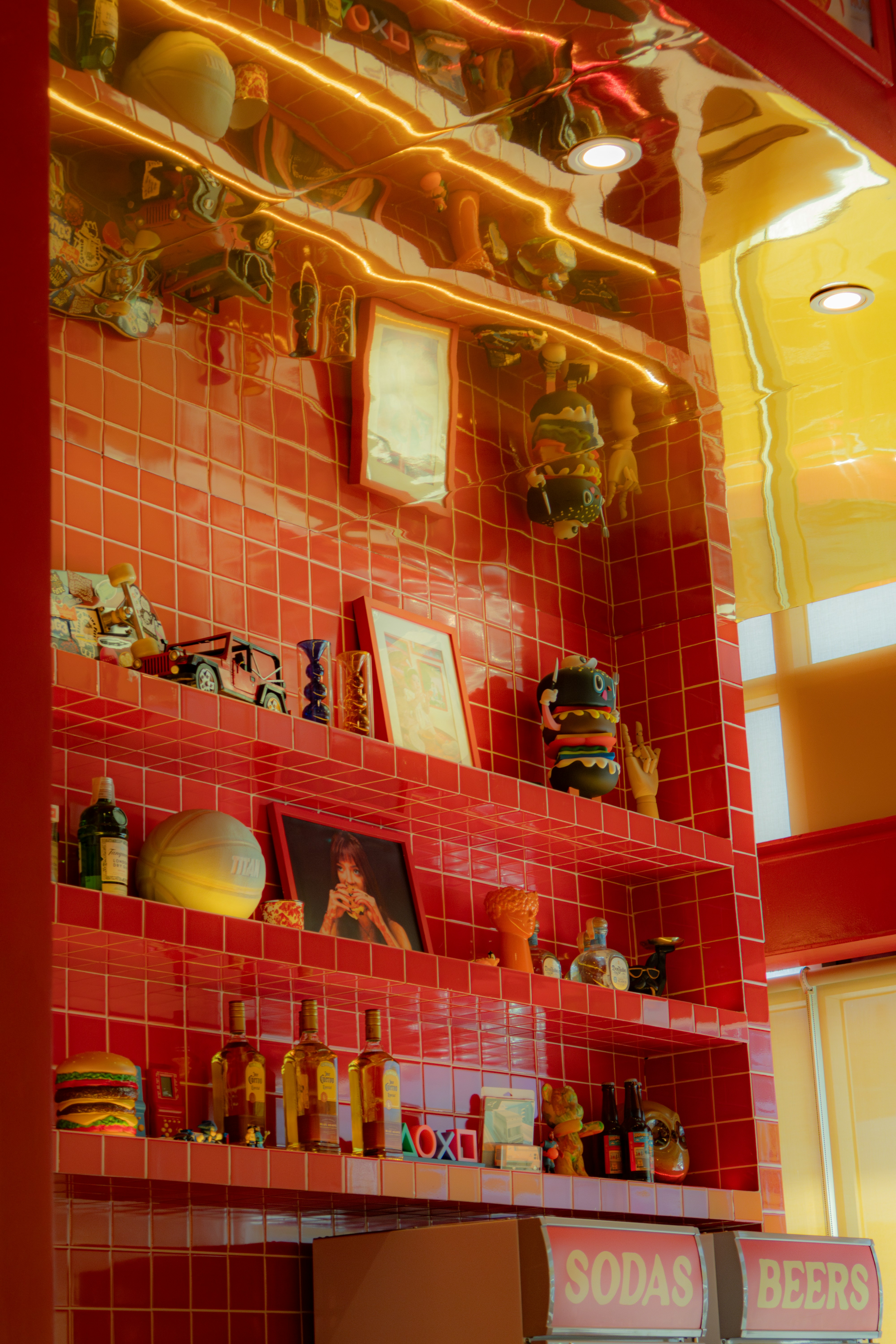 Red Tile Haven: A Nostalgic Snack Bar Shelf Retreat