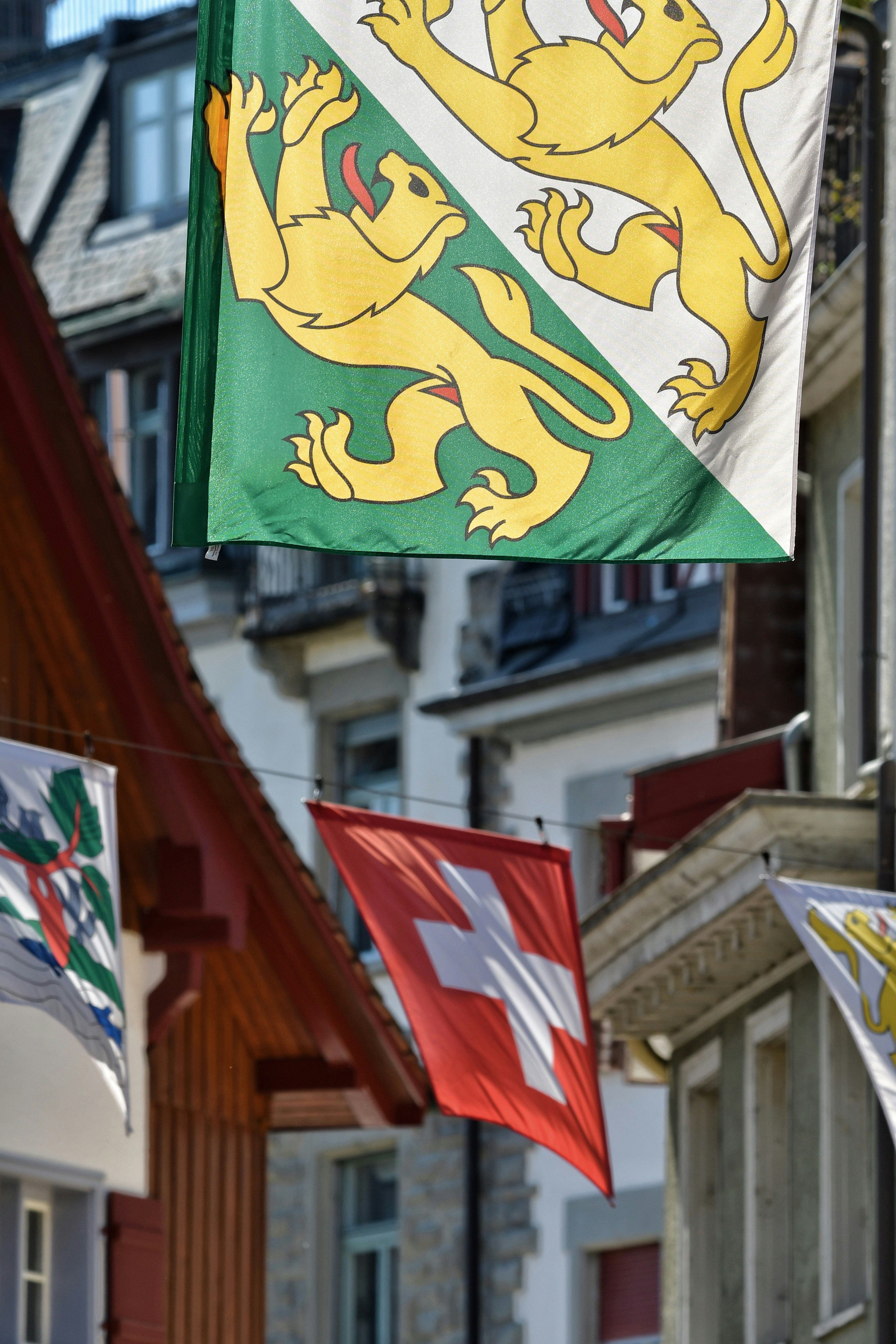 Lions and Crosses Over a Swiss Street: Flags Framing Historic Facades