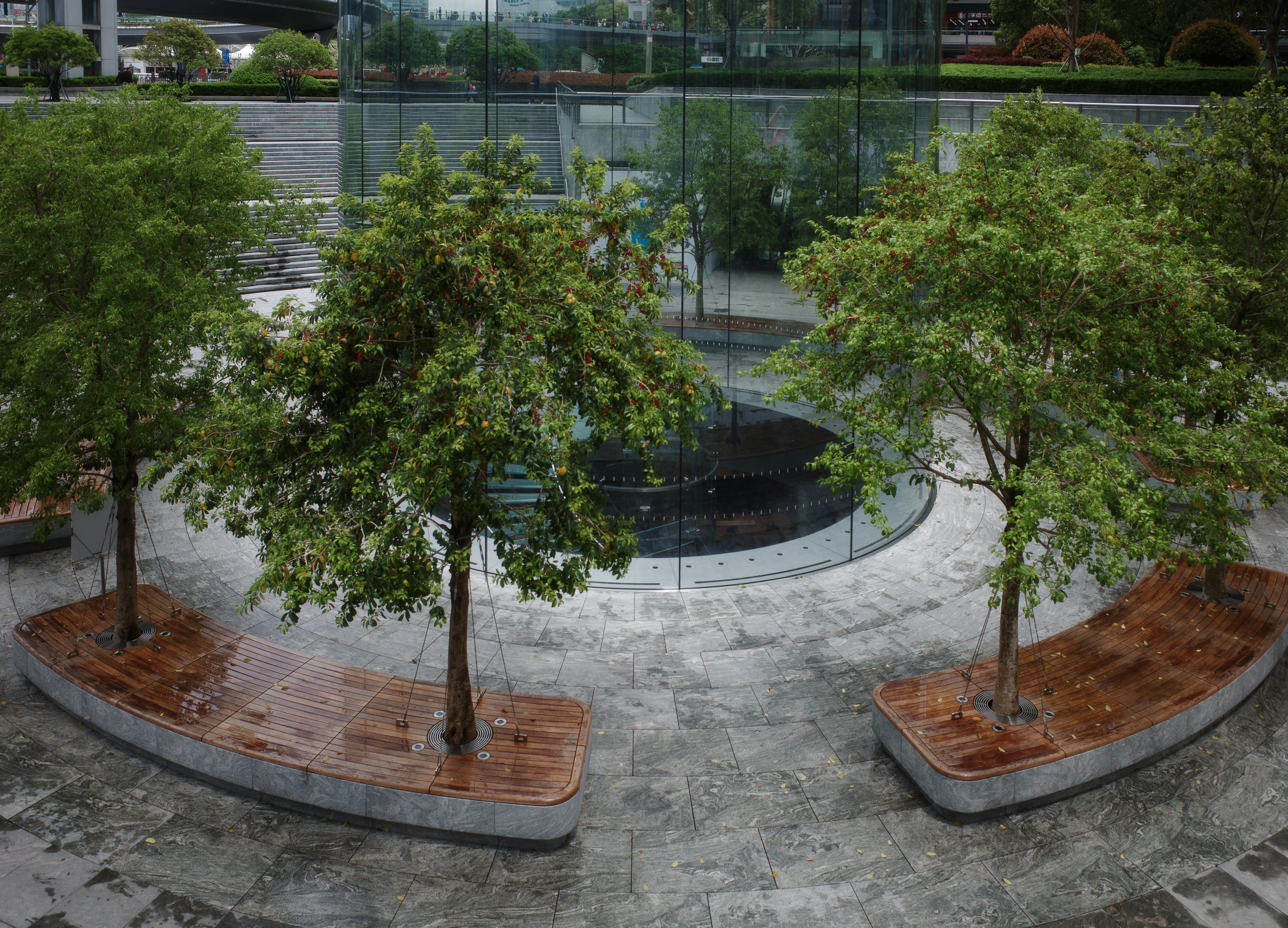 Trees and benches surround a circular water feature. photo – Free ...