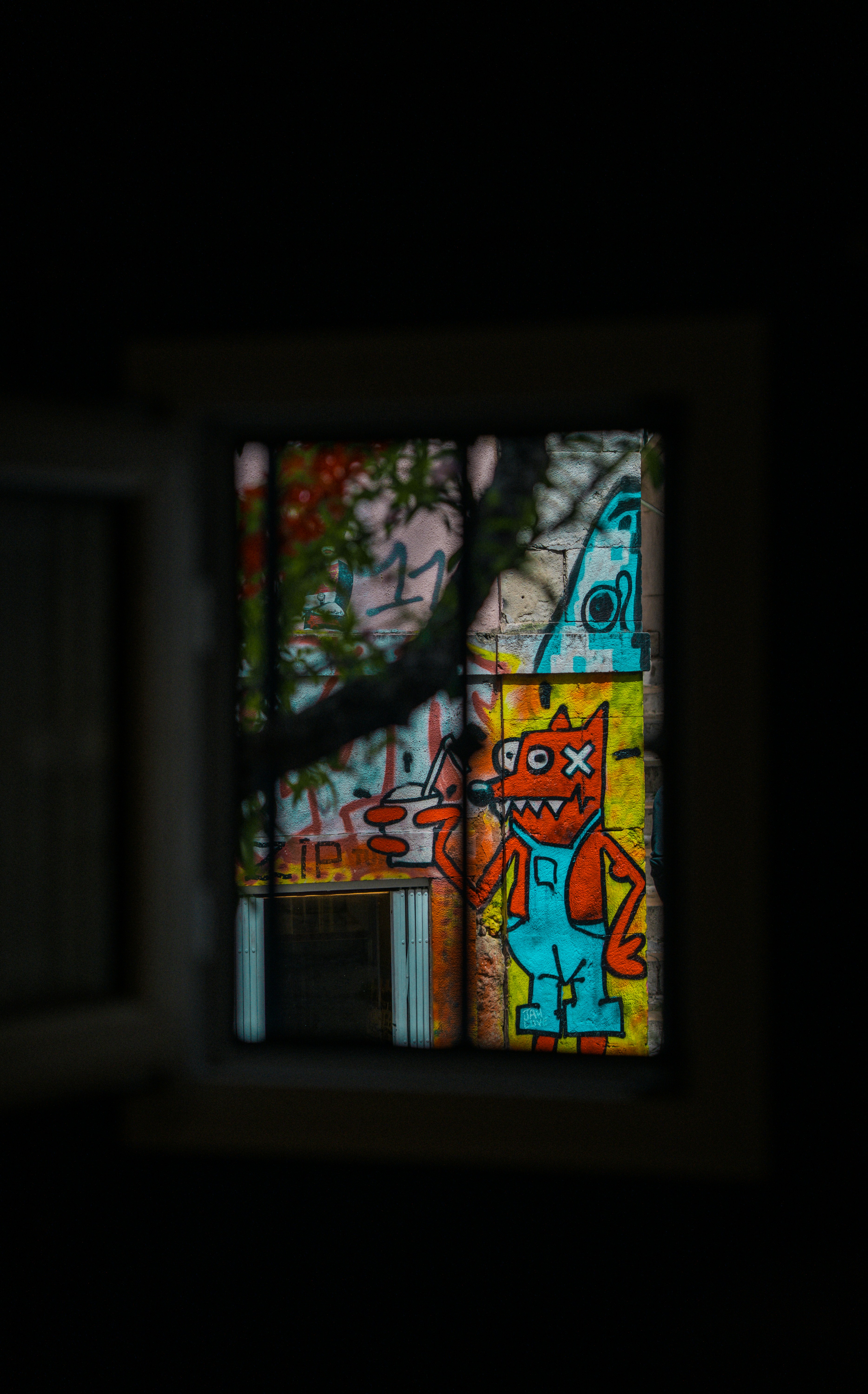 Colorful Framed Graffiti Portrait Through a Window
