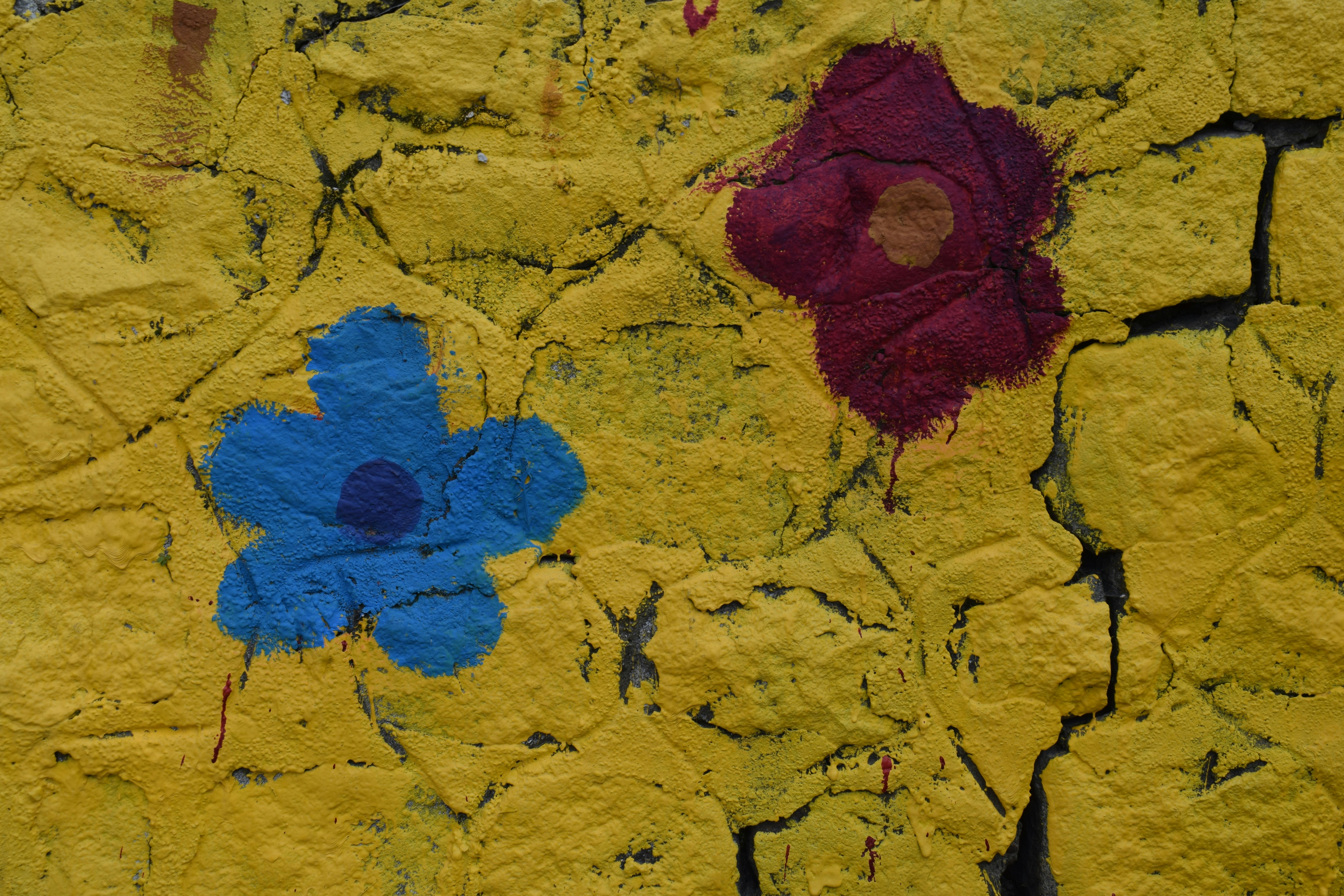 Cracked Yellow Wall Bloom: A Blue Flower Graffiti Amid Weathered Texture