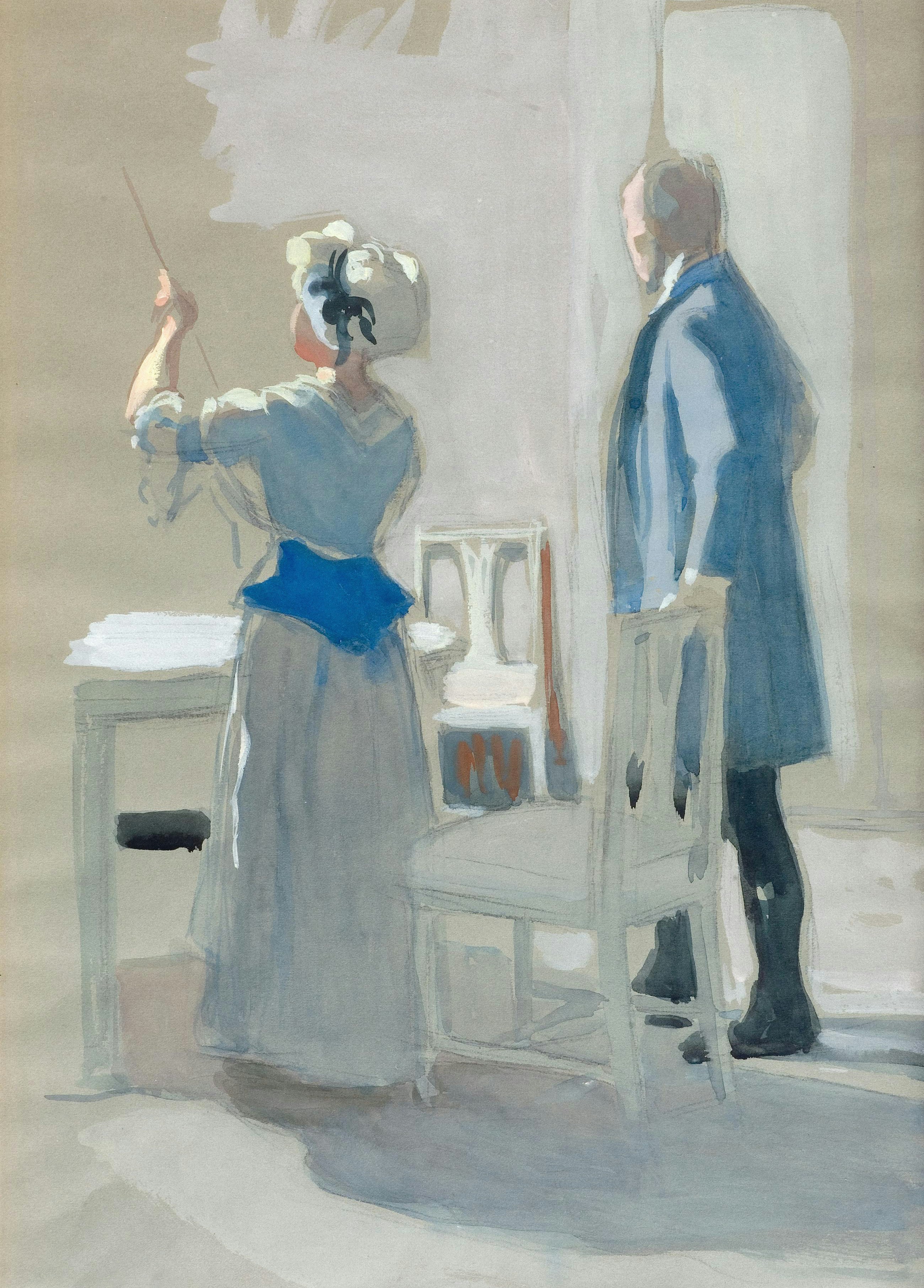 Pastel-toned impressionistic painting of a woman artist at her easel, brush raised in a gesture of painting. A man in a coat stands nearby, observing in a sunlit interior.