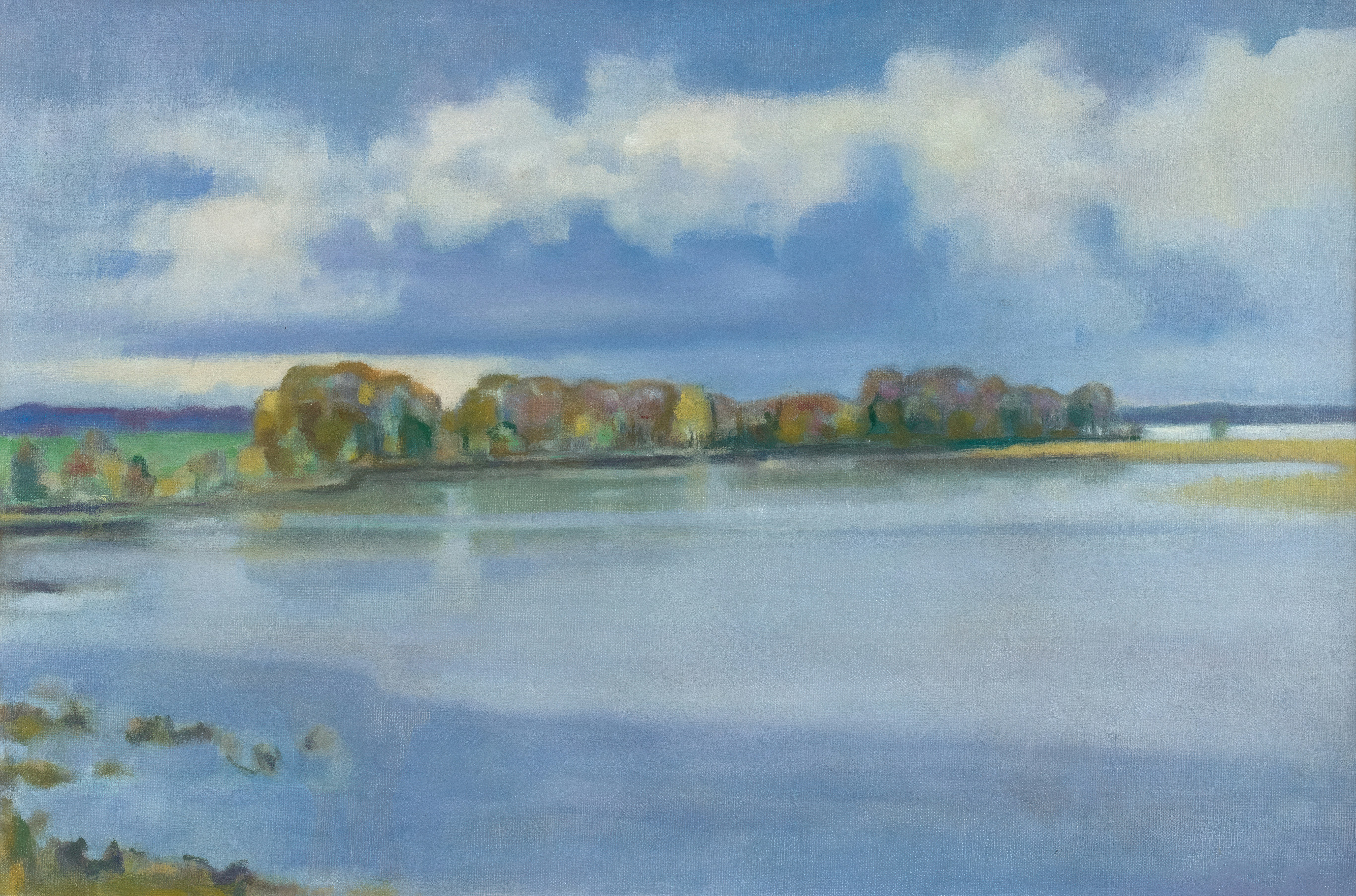 Impressionist landscape painting of a calm lake with a distant treeline under a cloudy sky, bathed in soft autumn colors.