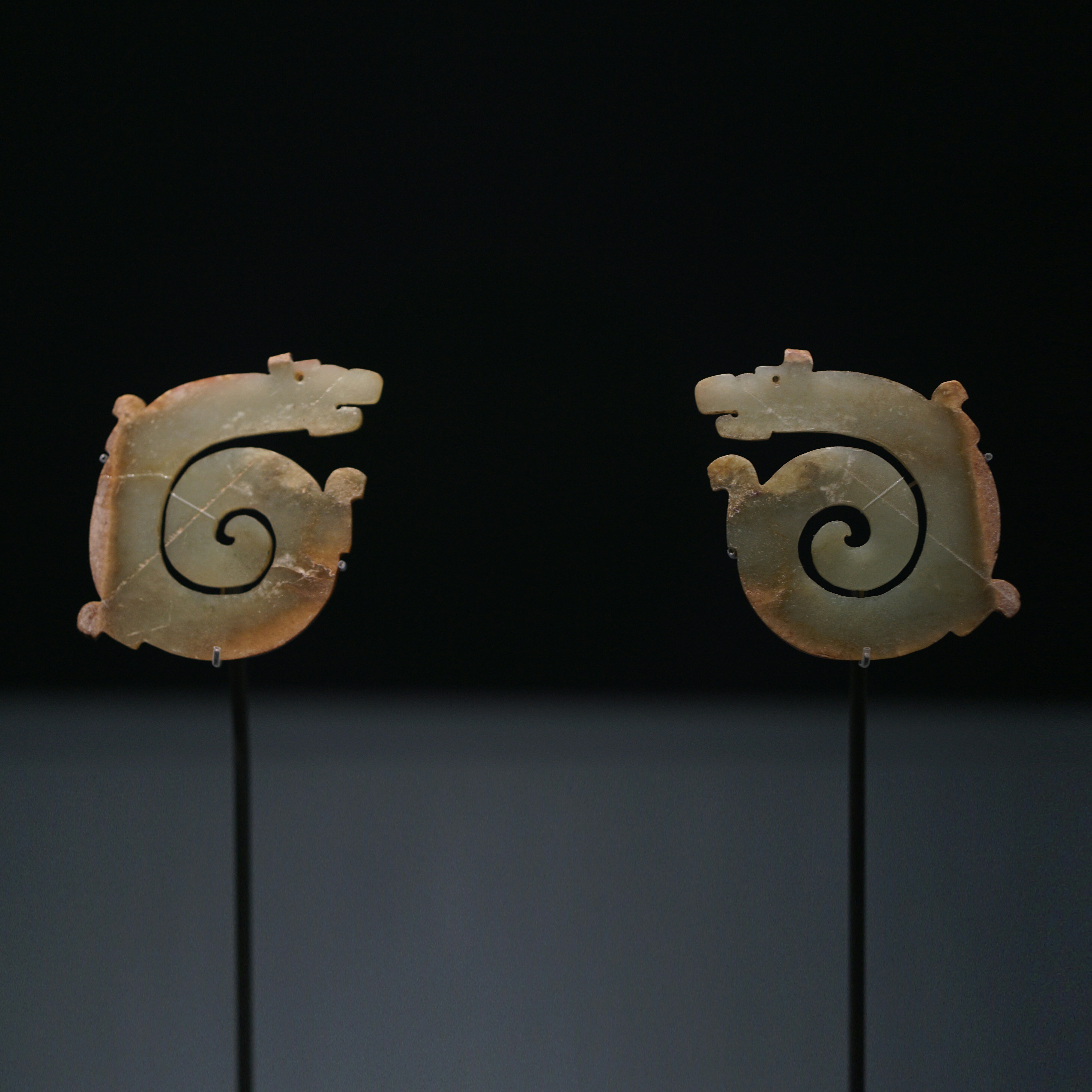 Amber Echoes: Mirrored Dragon-Head Amulets on a Minimalist Display