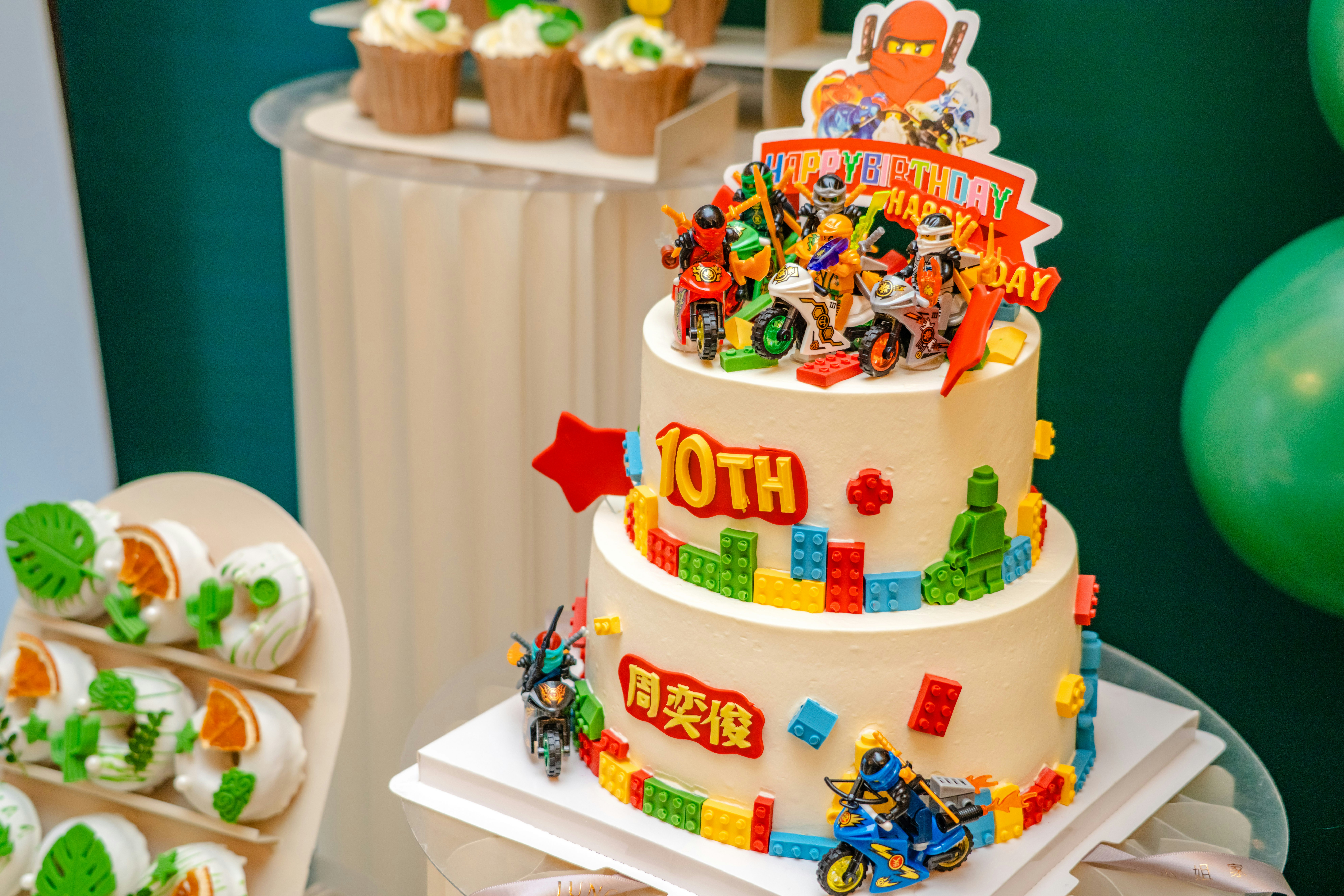 Colorful Birthday Tower: A LEGO-inspired Celebration with Deputy Characters