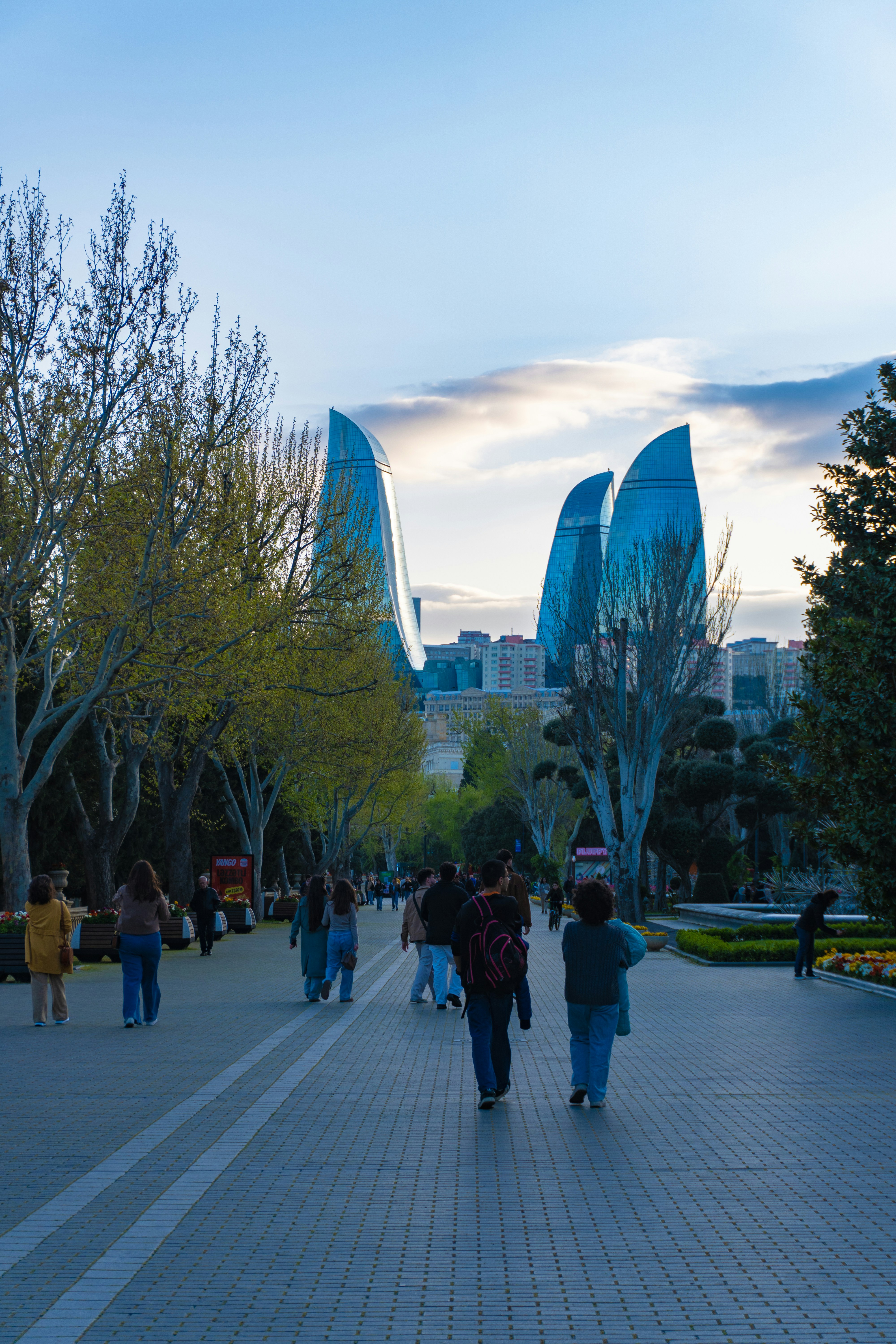 City Courtyard Under Iconic Twin Silhouettes