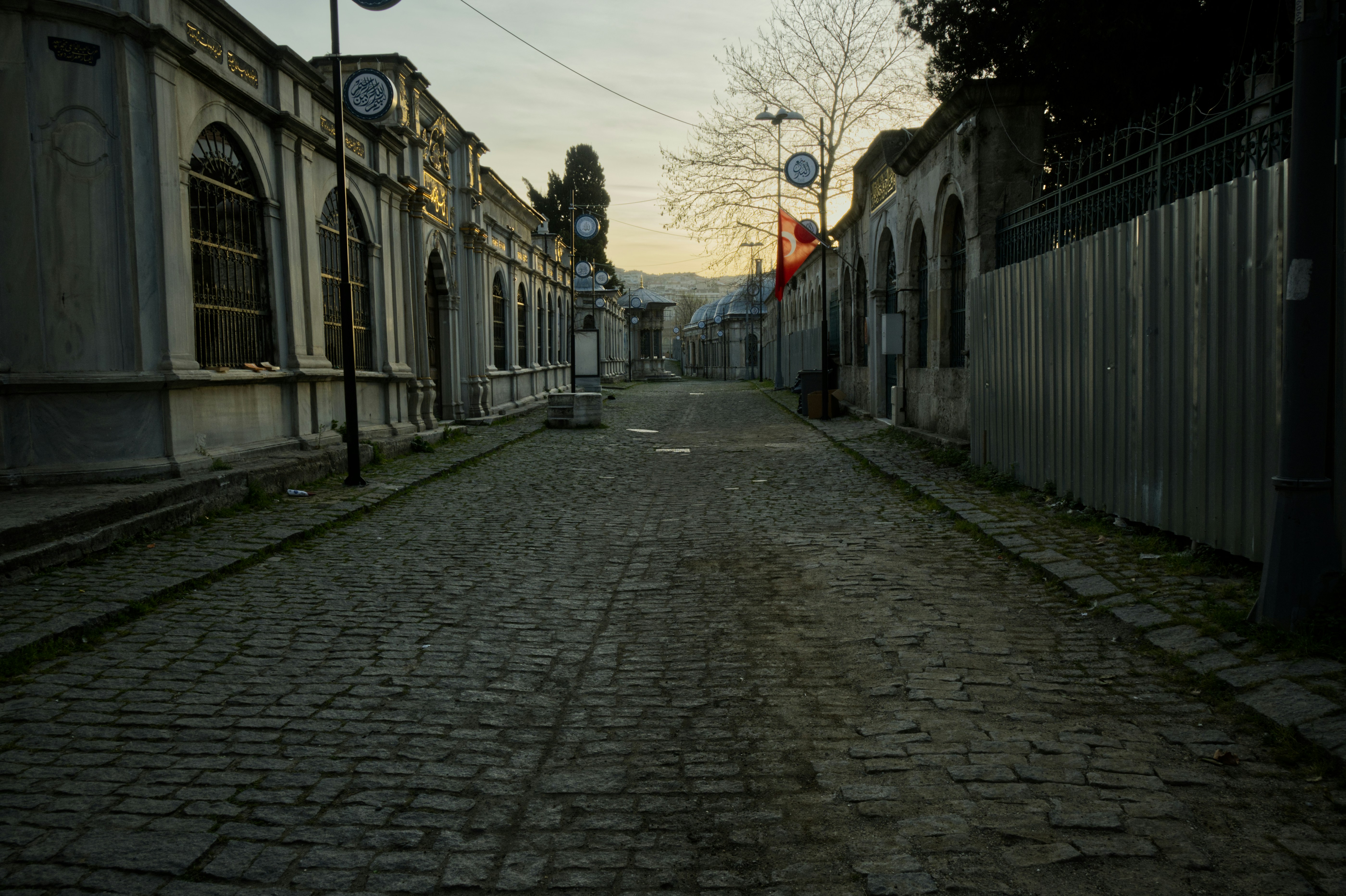 Deserted Cobblestone Avenue Toward a Quiet Dusk