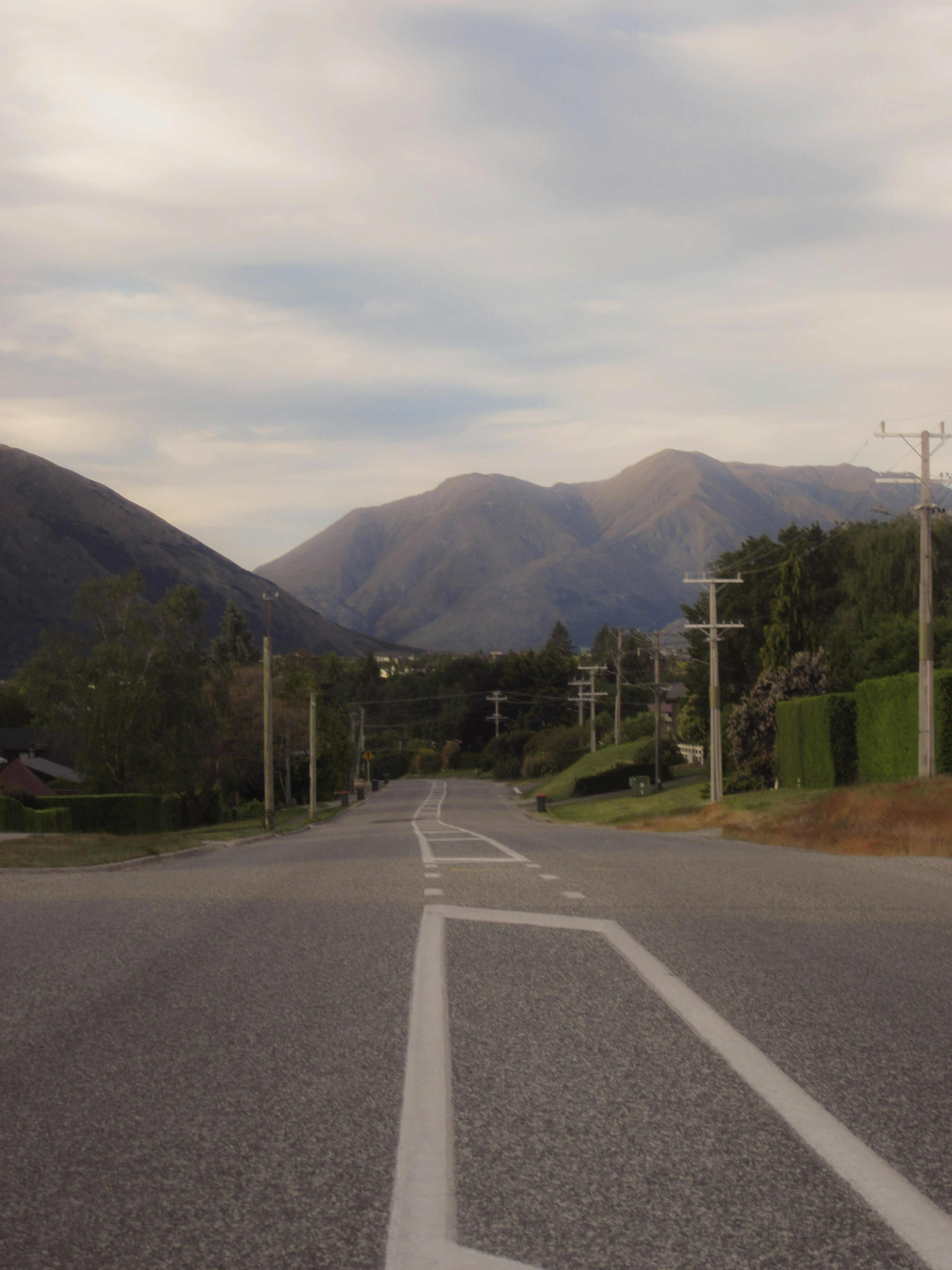 Photograph of a quiet two-lane road leading toward distant mountains under a soft, cloudy sky, with utility poles and hedges along the street.