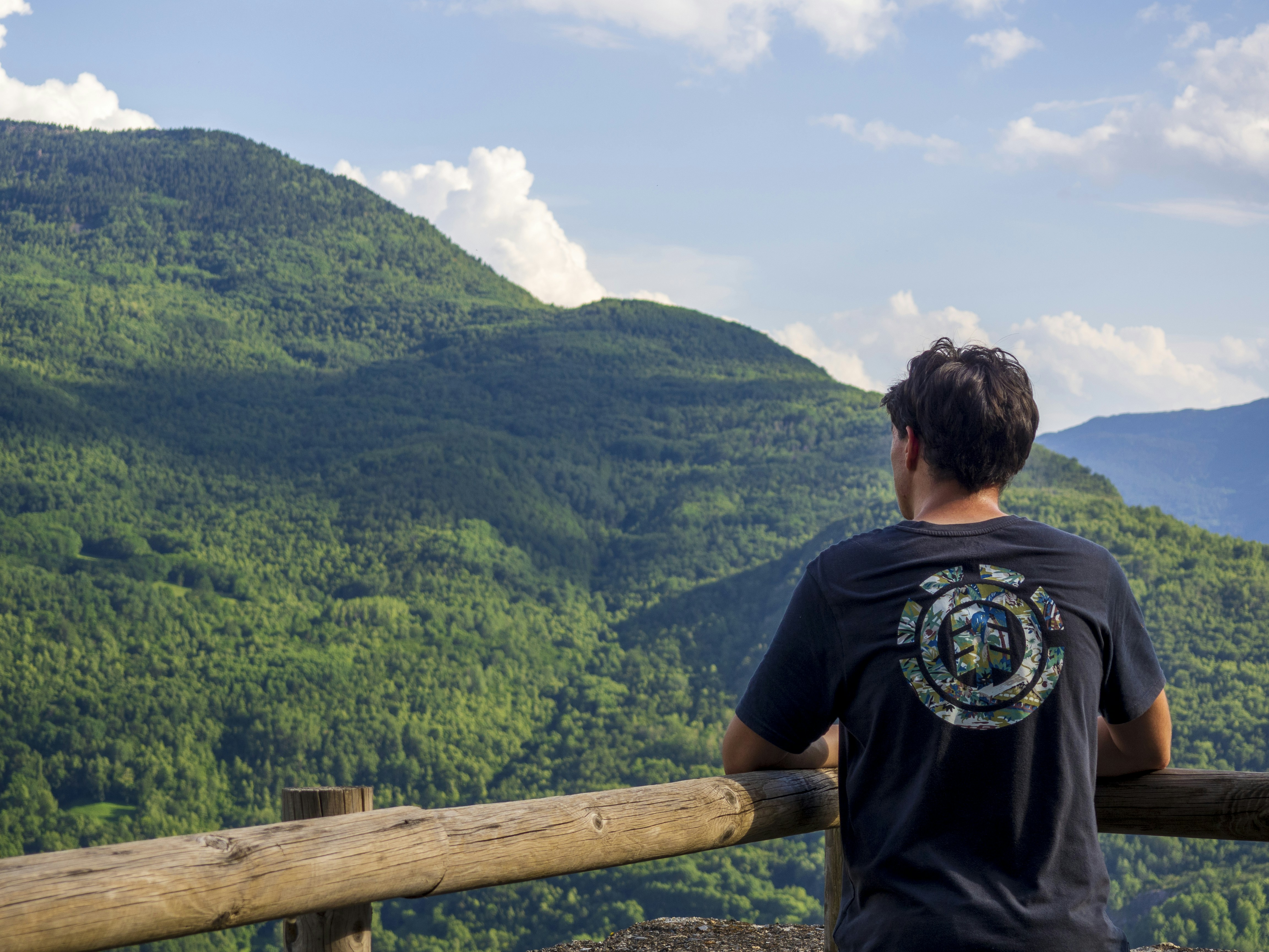 Verdant Horizon: A Hiker at a Wooden Balcony Gazes Toward the Valley