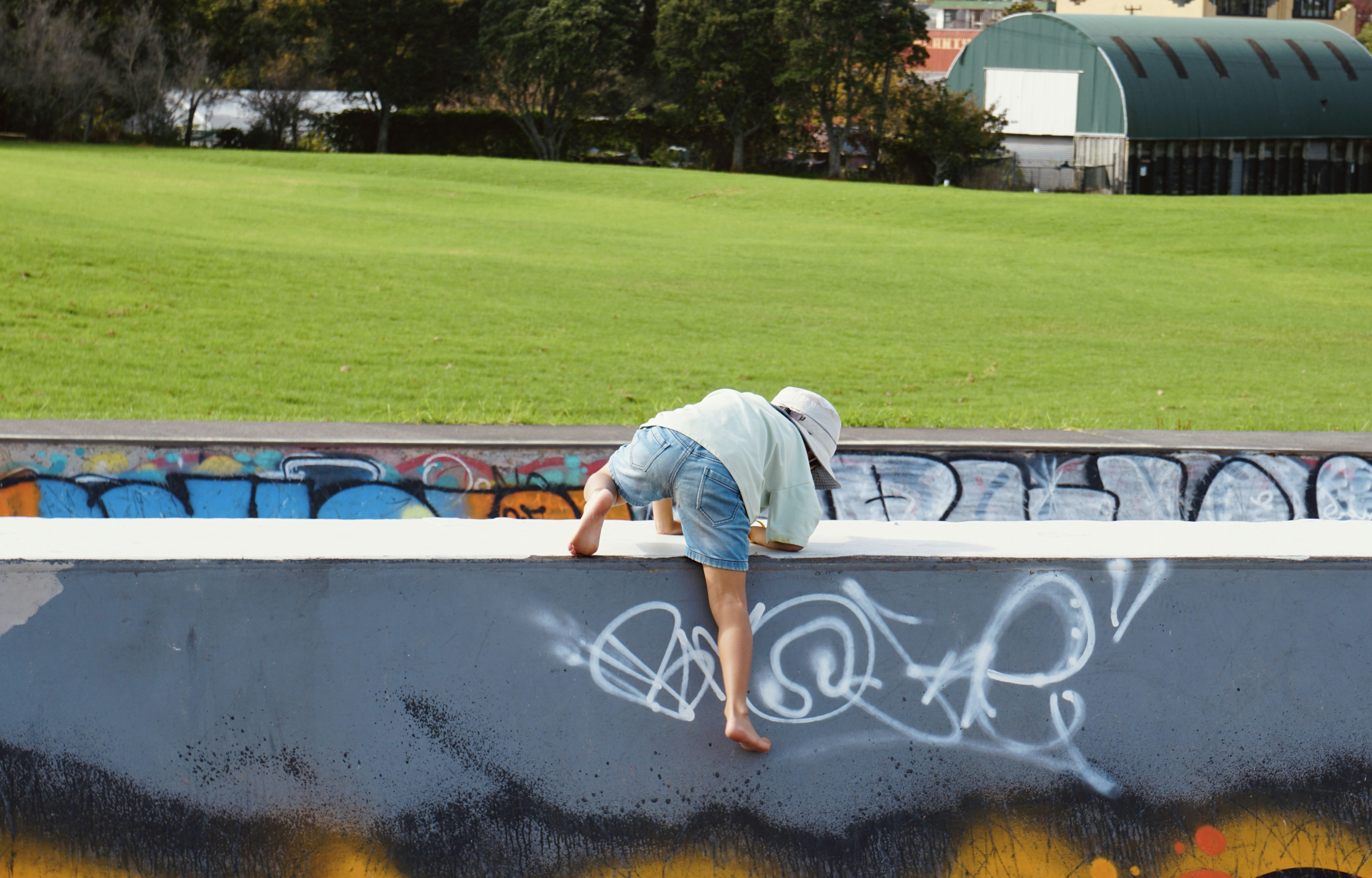 Edge of the Barrier: Climber Over Graffiti Toward a Sunlit Park