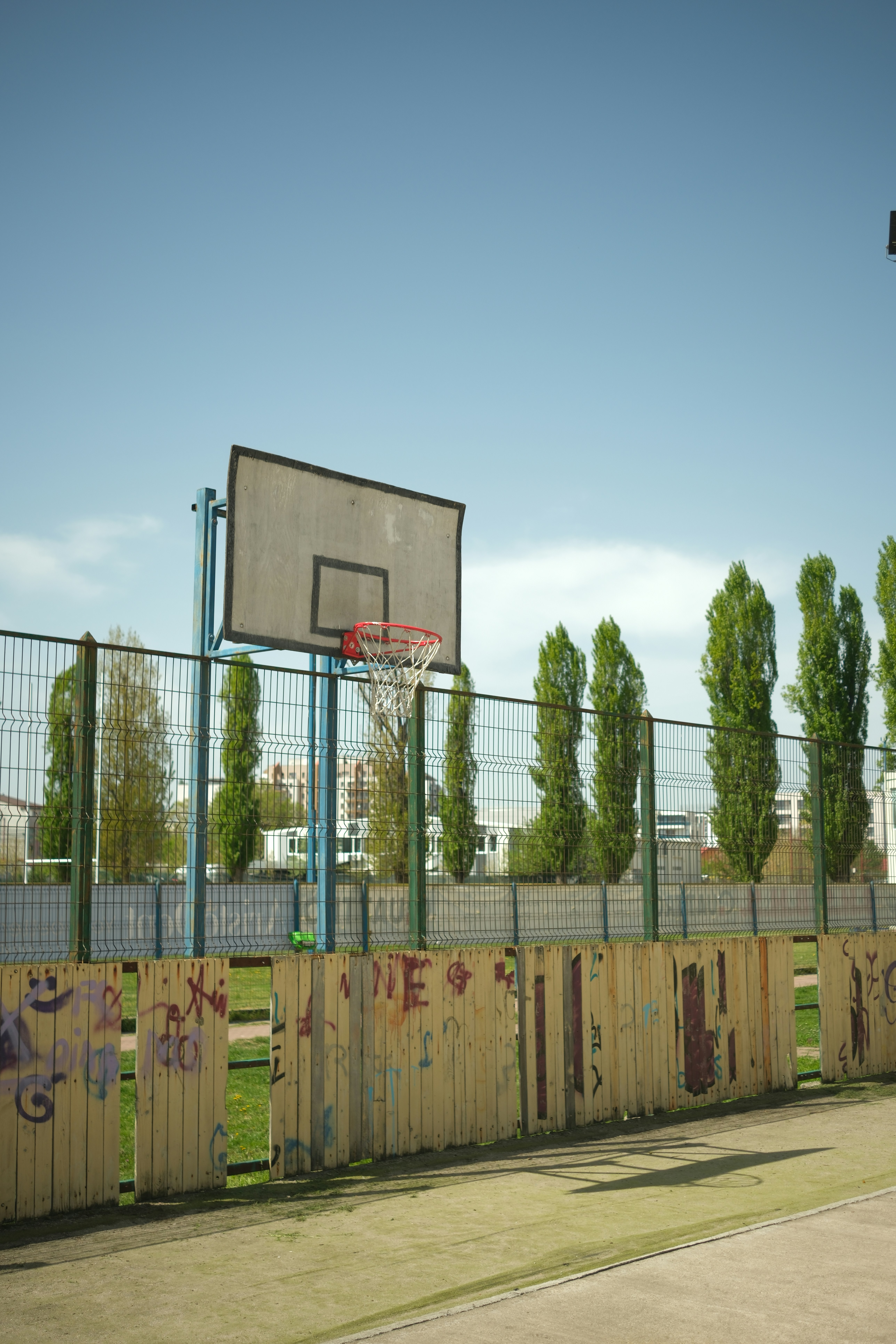 Basketball Hoop Framed by Graffiti Panels in a Sunlit Park