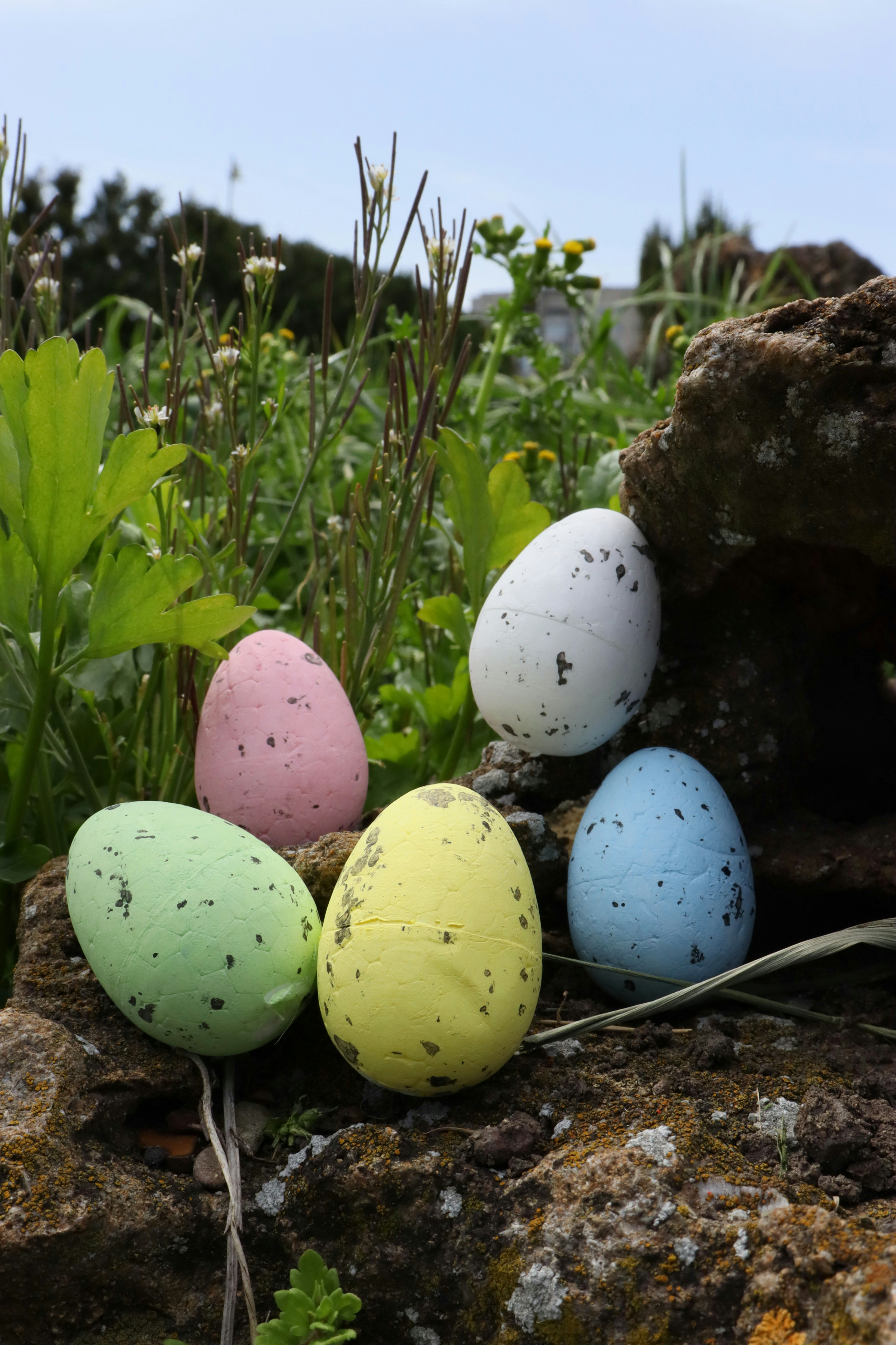 Easter eggs are arranged on a weathered stone wall. photo – Free Easter ...
