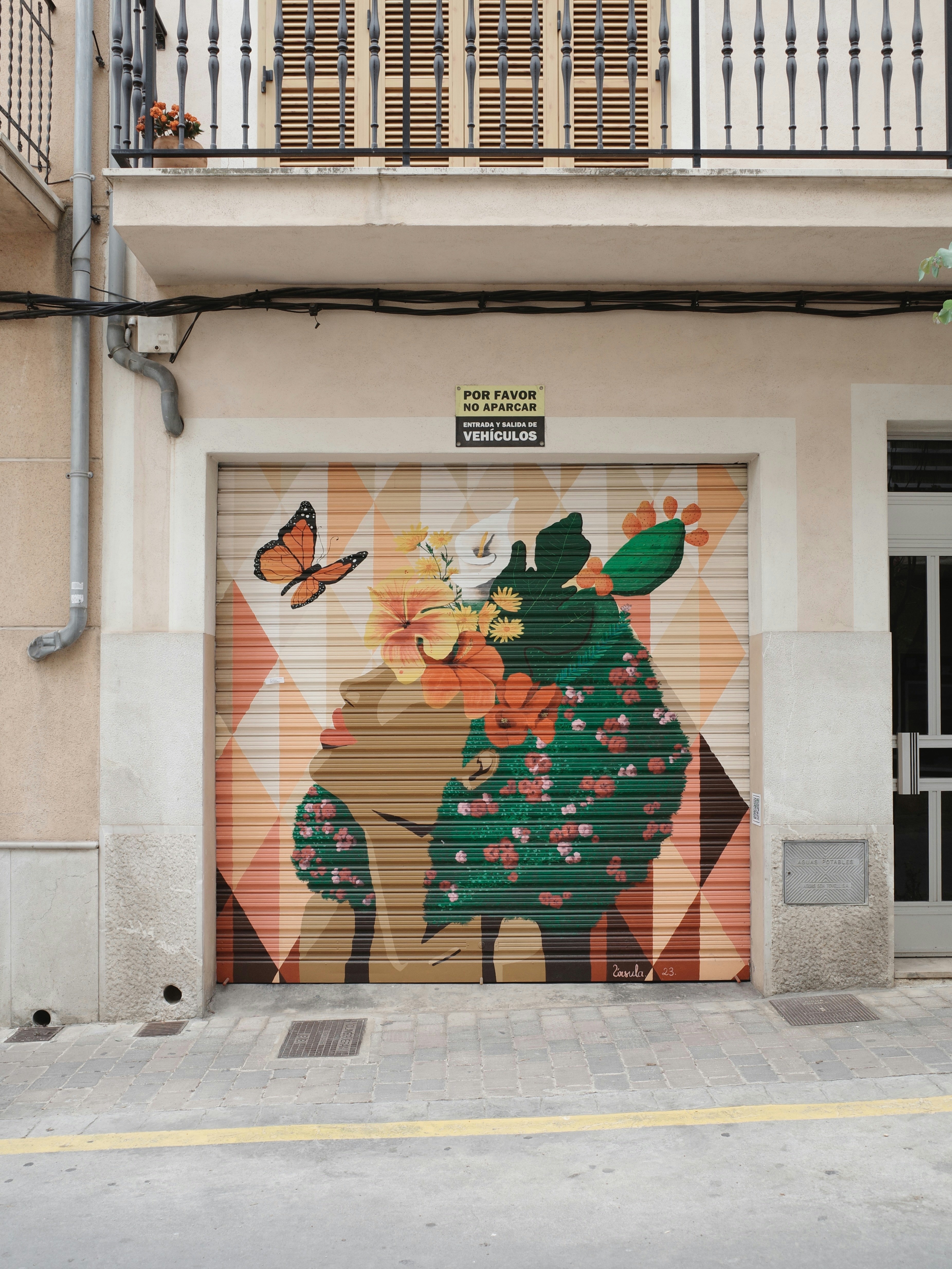 Butterfly and Cactus Mosaic: A Geometric Urban Mural on a Garage Gate