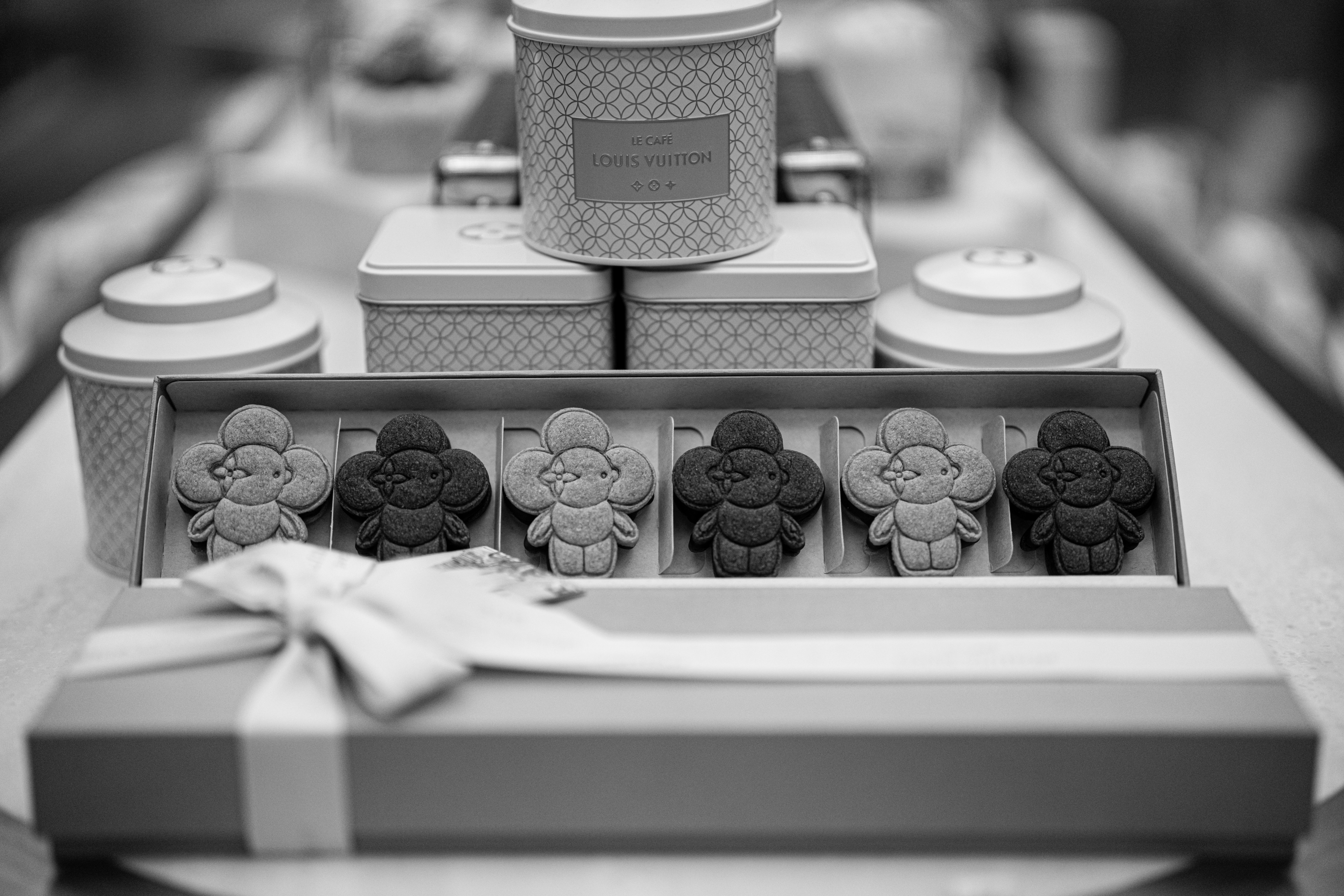 Monochrome Delicacies: Flower-shaped Cookies Nestled in an Open Gift Box