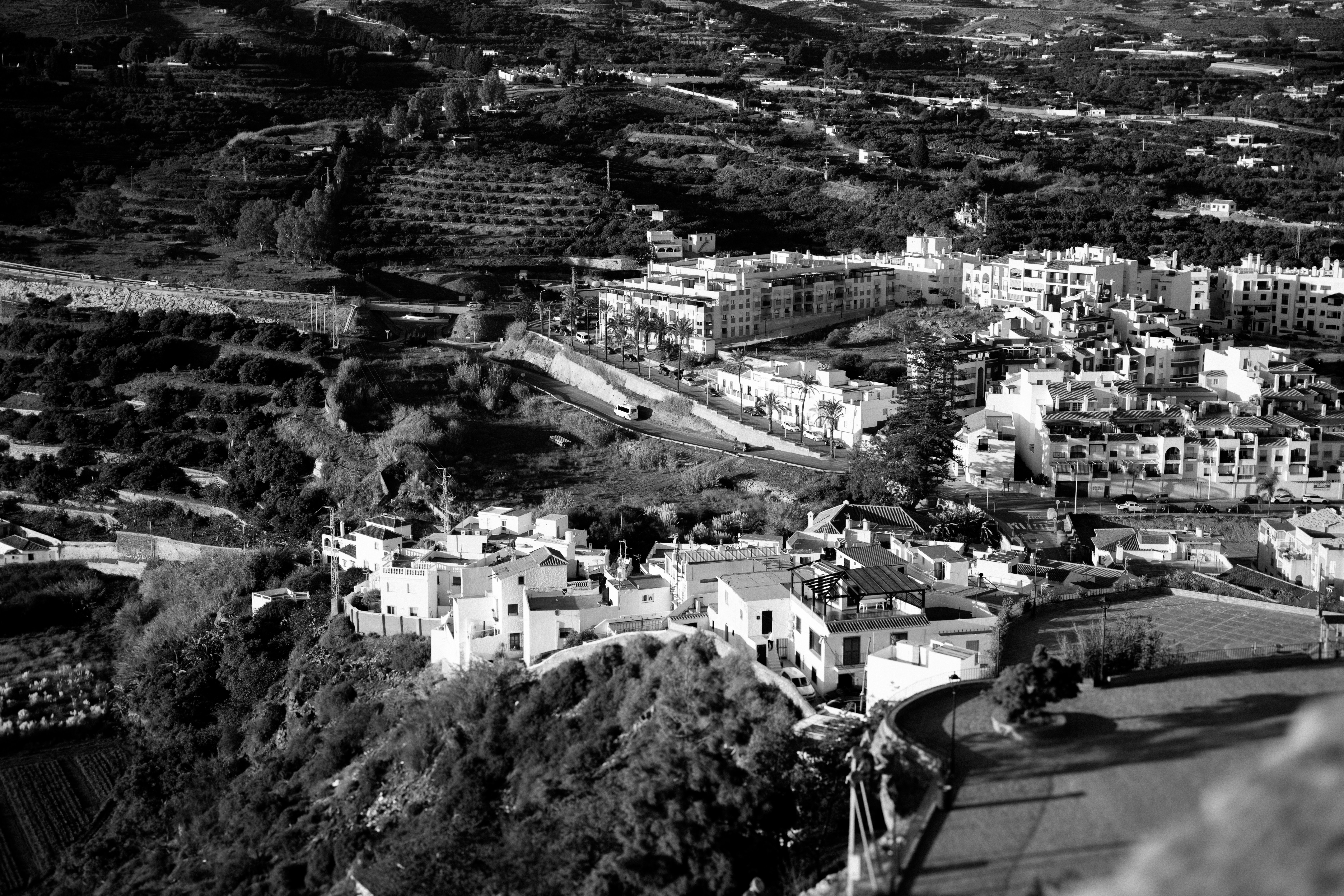 the hillside town of Granada in monochrome.