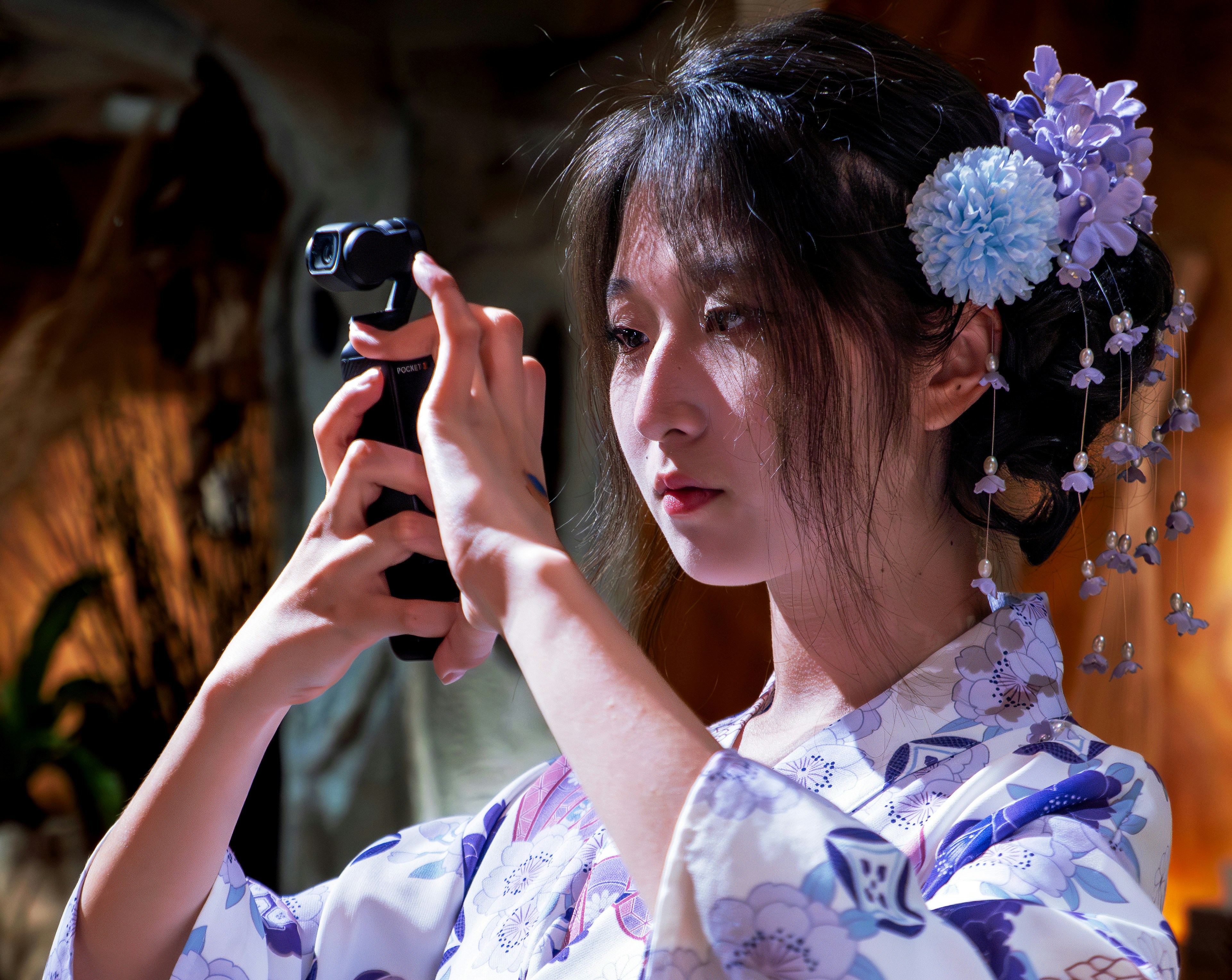 Portrait in a Kimono: Focused Gaze with Floral Adornments
