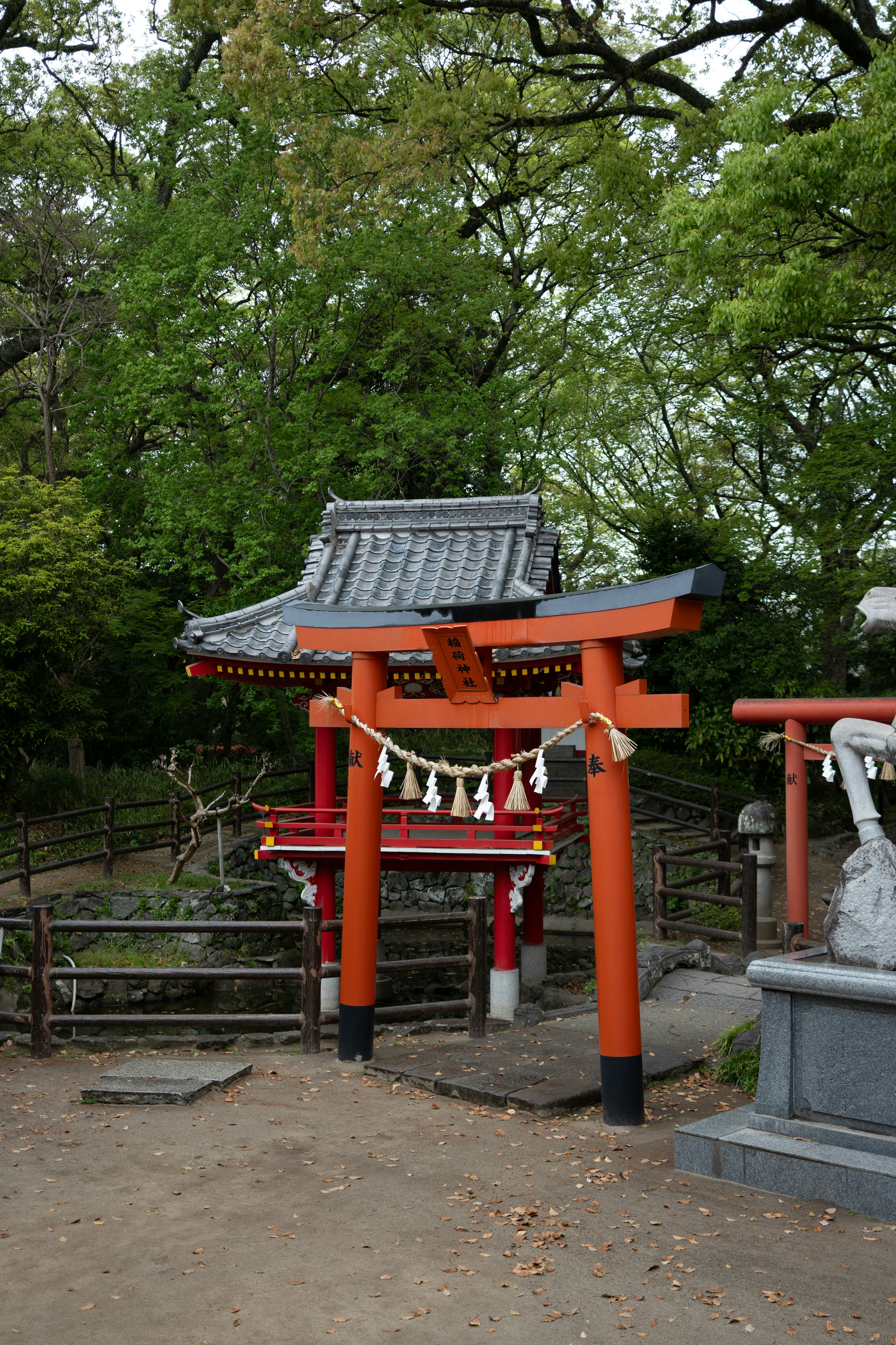 Red torii gate stands in a shrine precinct framed by green trees and wooden railings, with a stone path in the foreground.