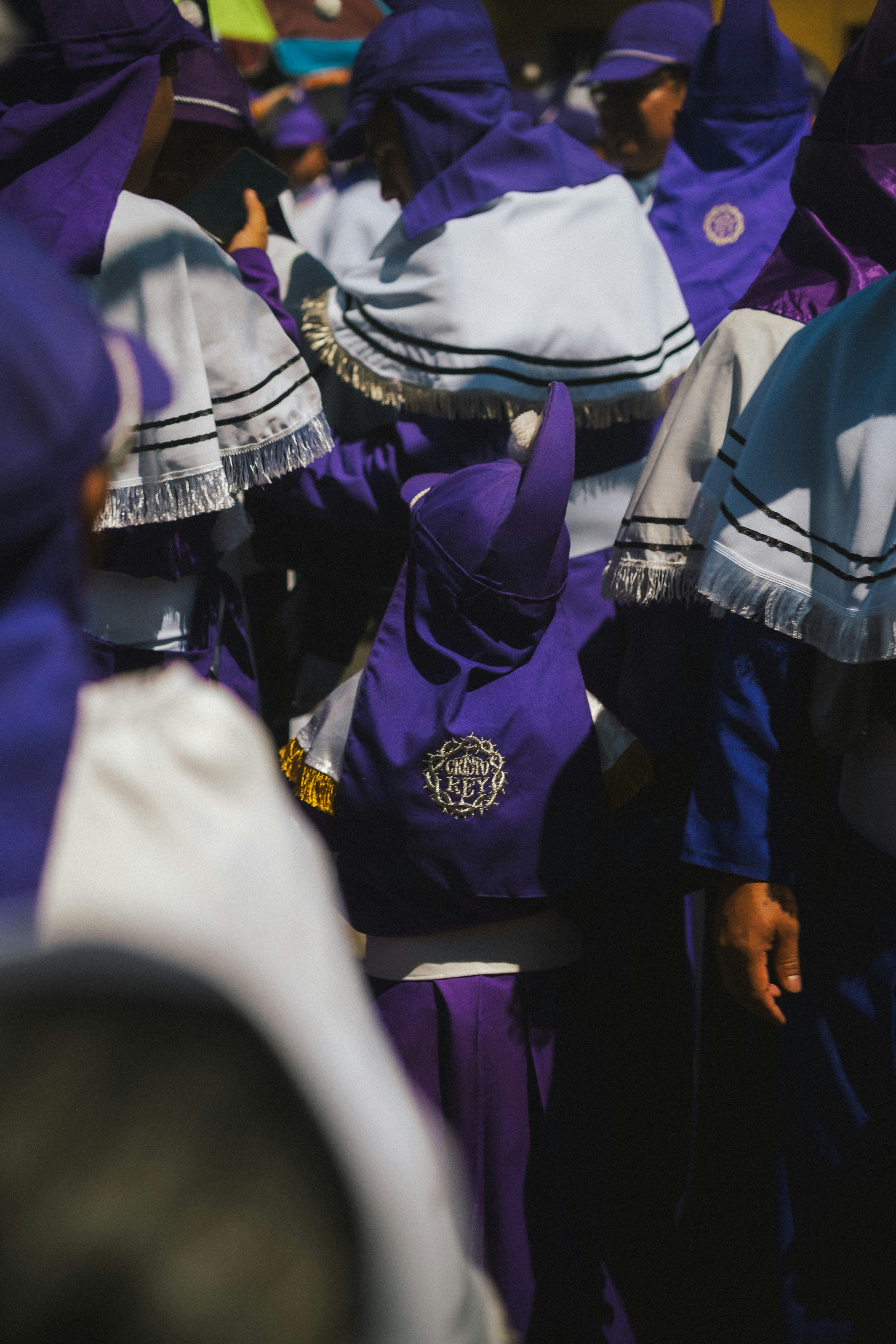 Gold Emblem Amid Purple Robes: a ceremonial crowd captured in motion