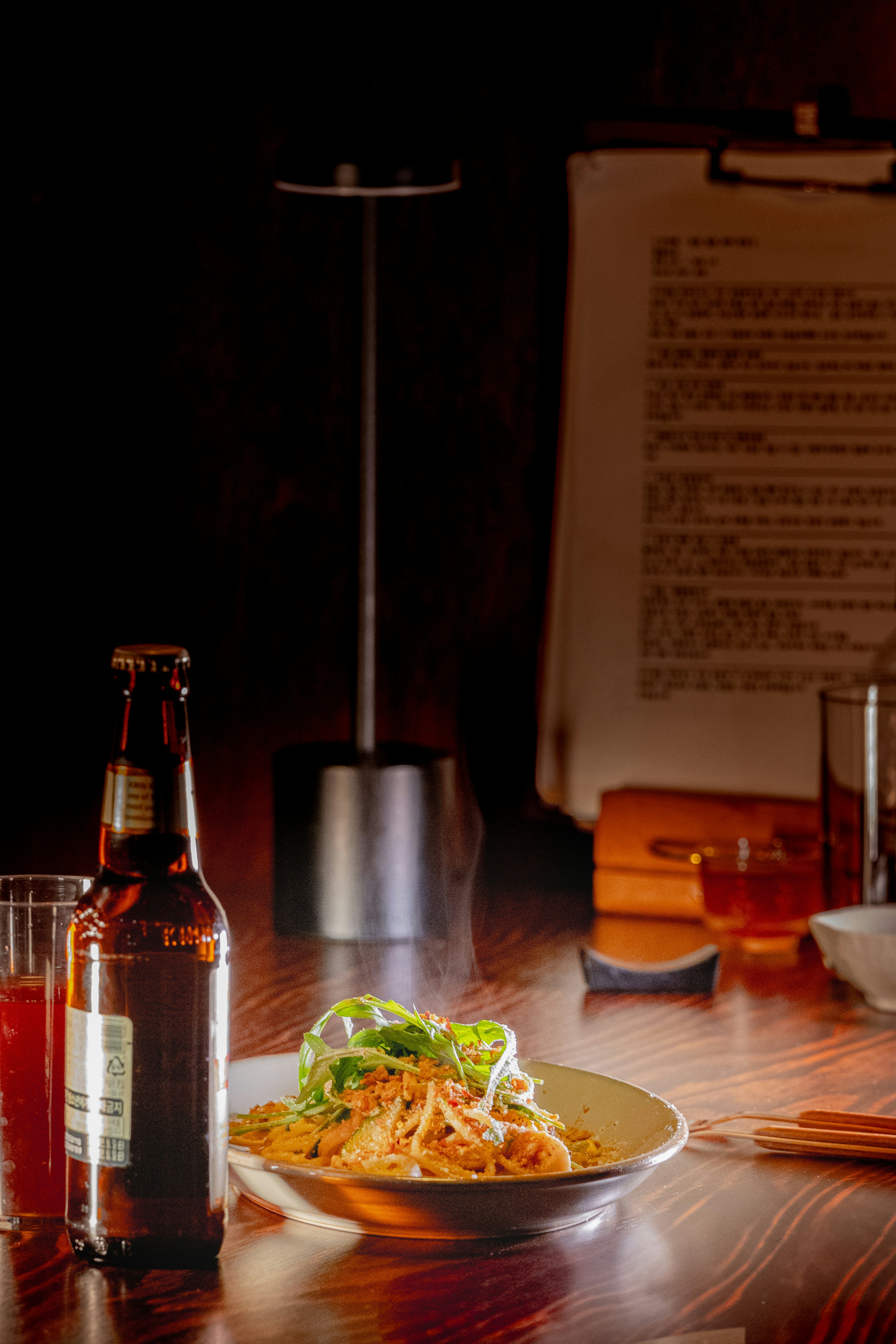 Midday Feast at the Quiet Bar: A Bowl of Pasta and a Brew