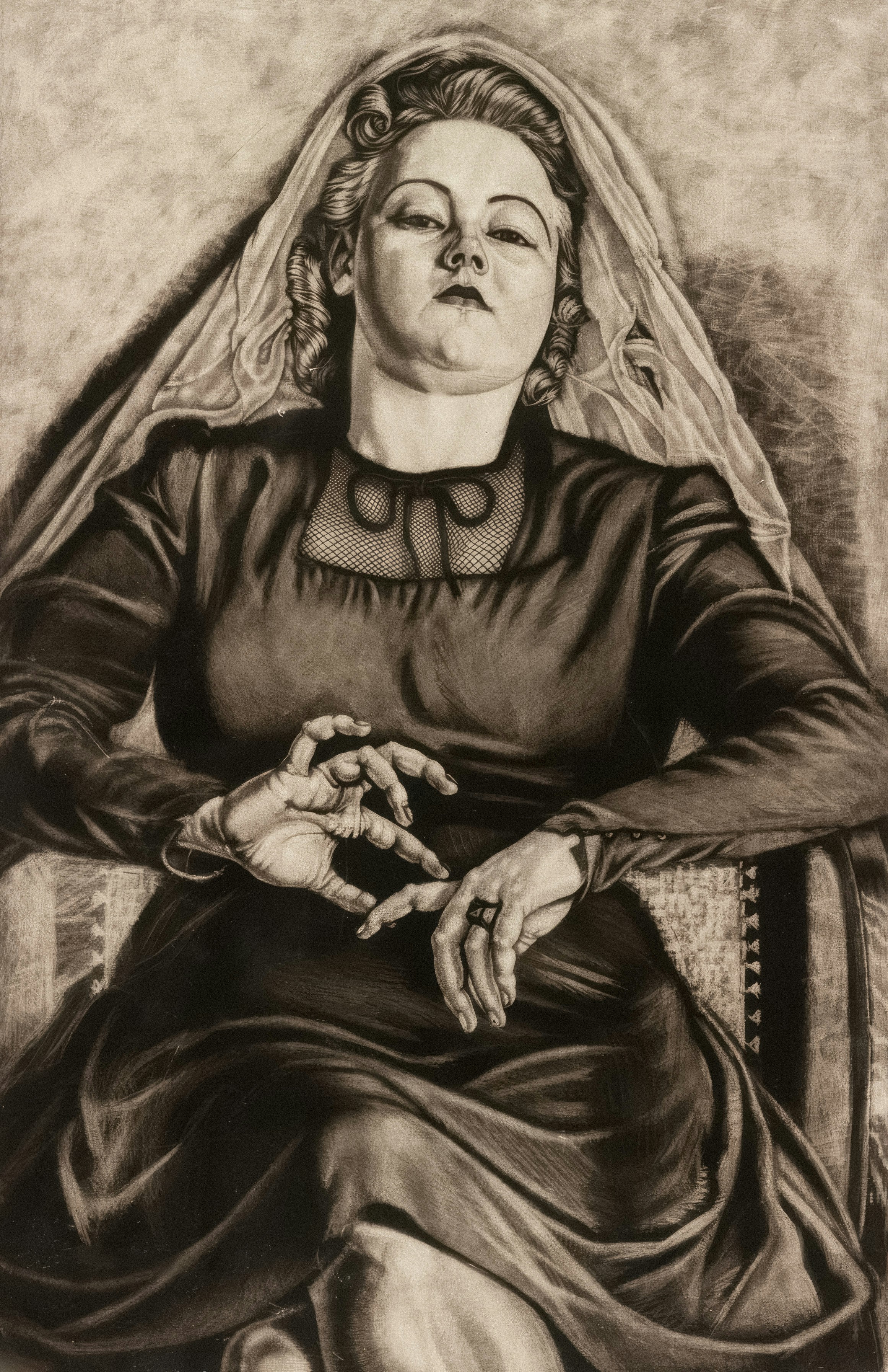 Veiled Authority: A Sepia Portrait of a Contemplative Matron