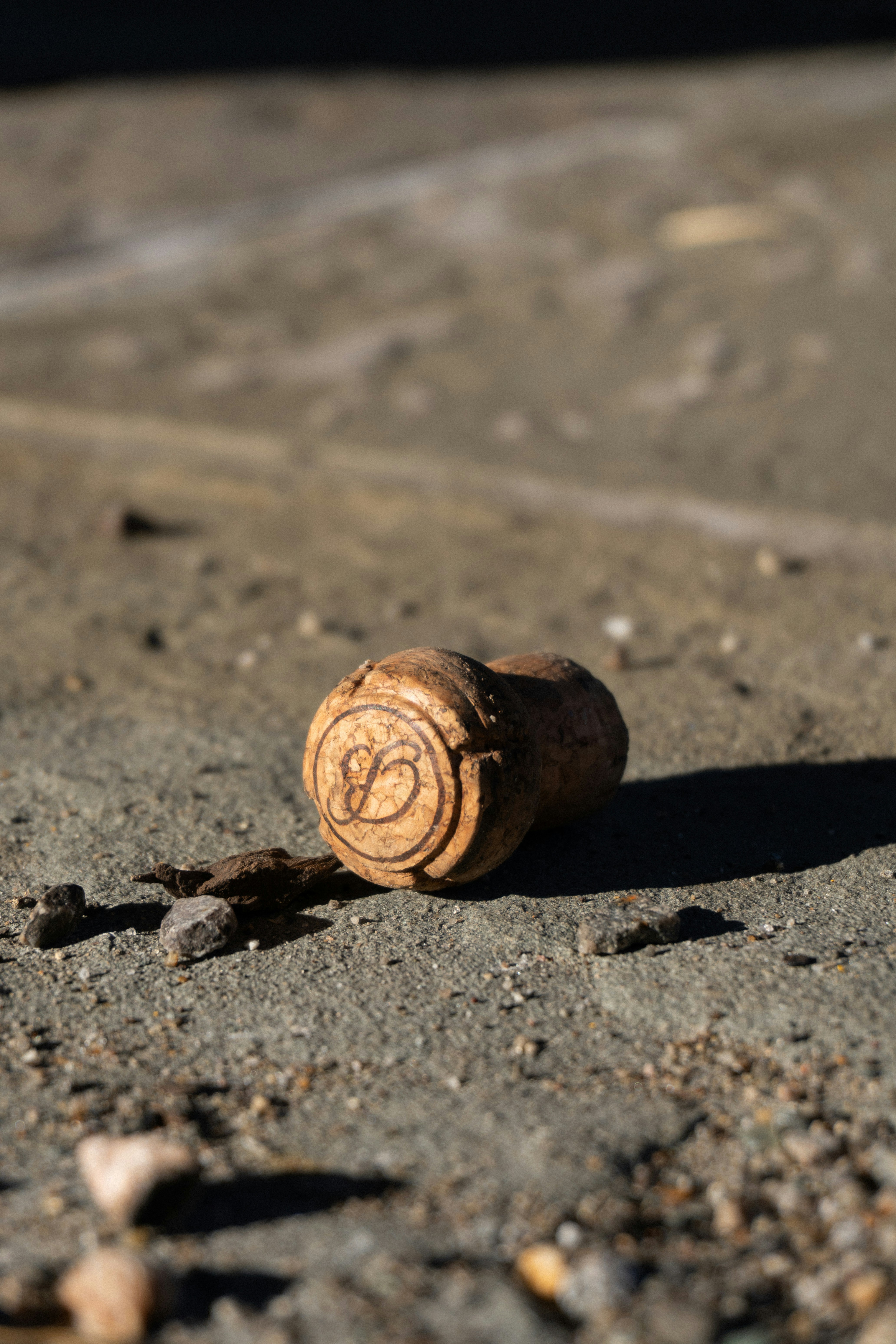 Deserted cork on sandy ground, shadowed by evening light