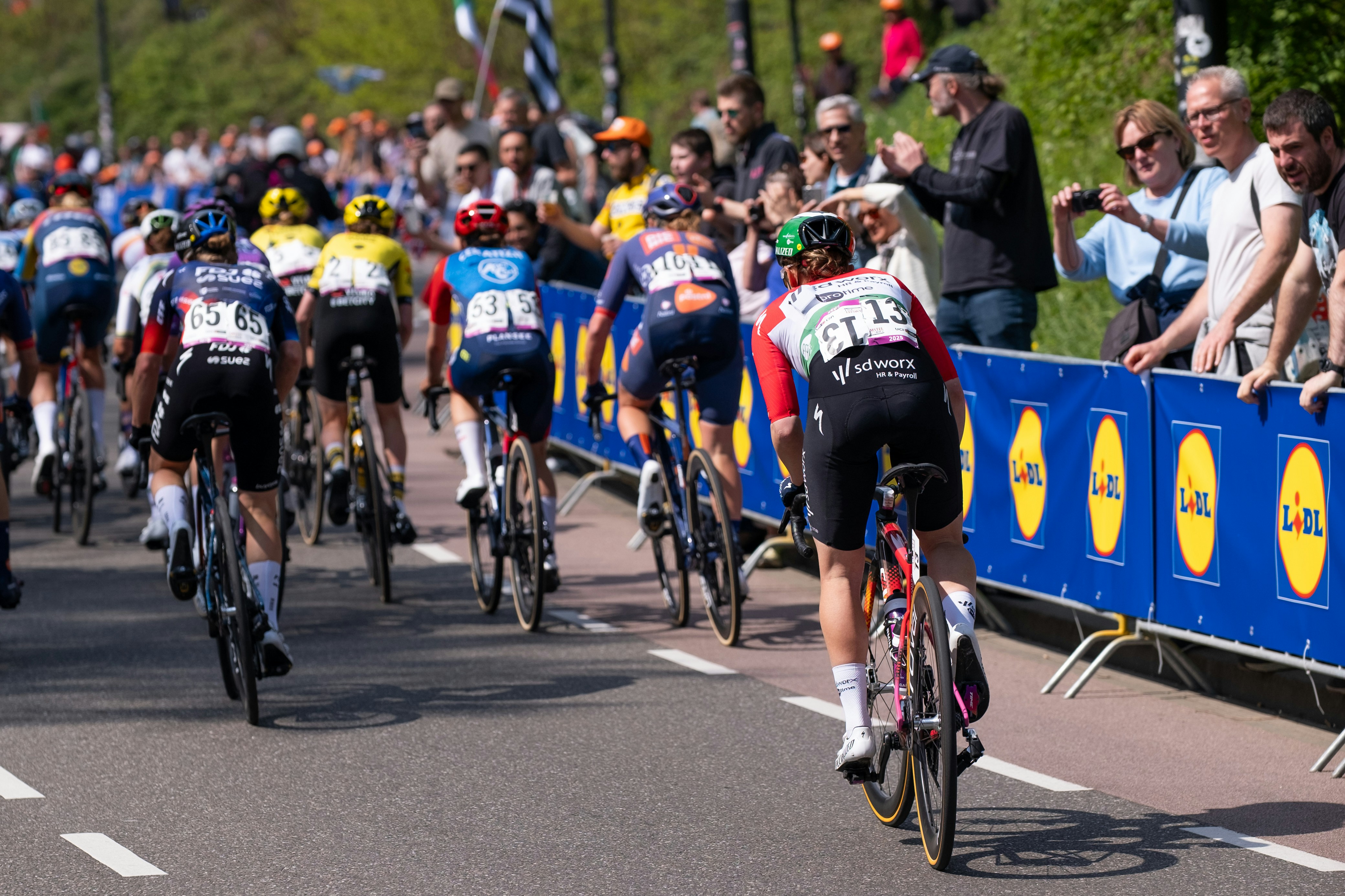Cyclists race down a road with spectators watching. photo – Free ...