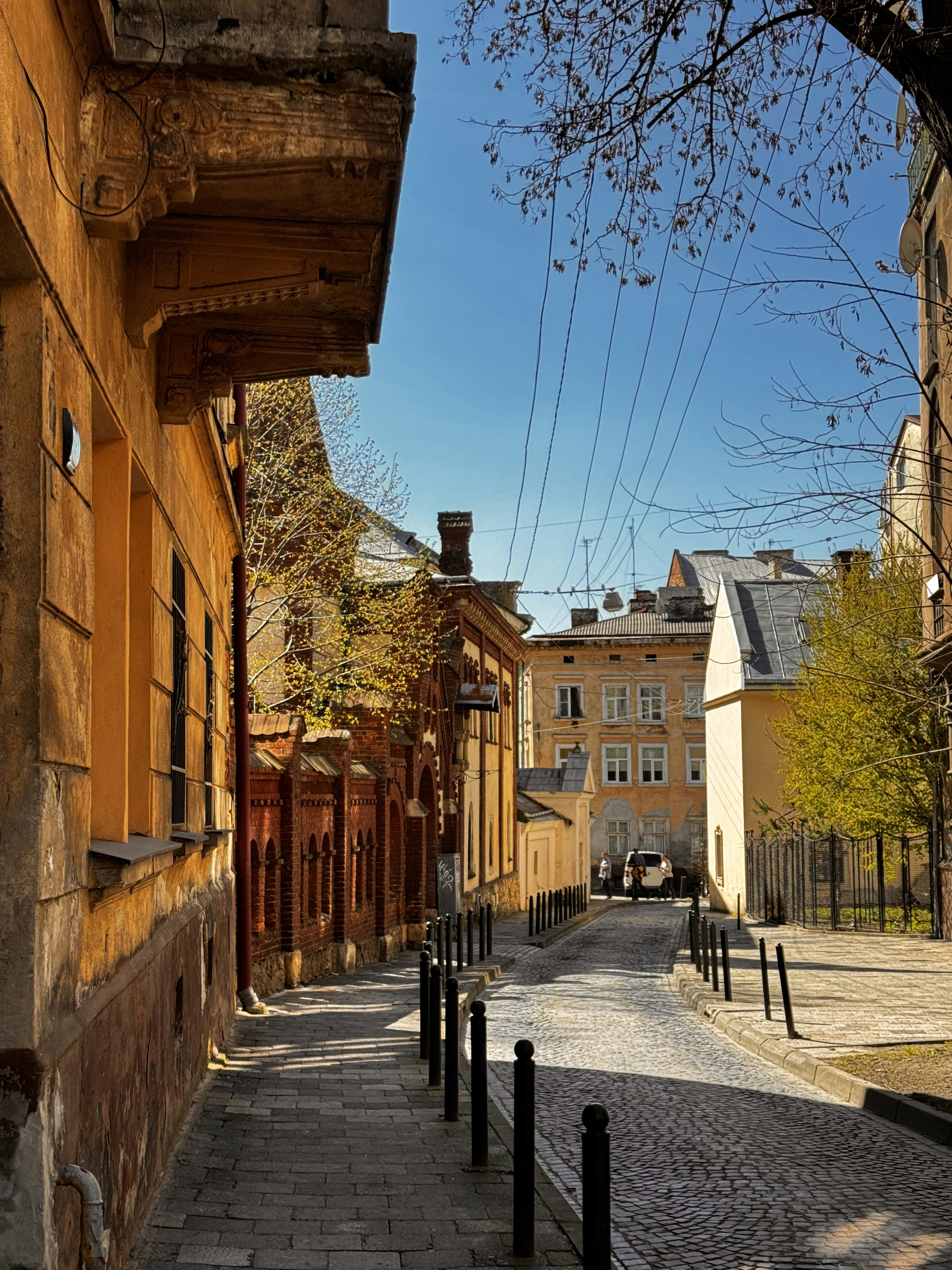 Charming street scene showcasing historic architecture with vibrant trees and a winding path under a clear blue sky.